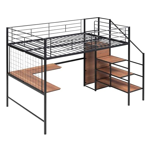 ATY Full Size Loft Bed with L-Shaped Desk and Wardrobe &Storage Shelves, Stairway Metal Bedframe w/Grid, Save Space Design, for Bedroom, Dorm, No Spring Need Required, Black