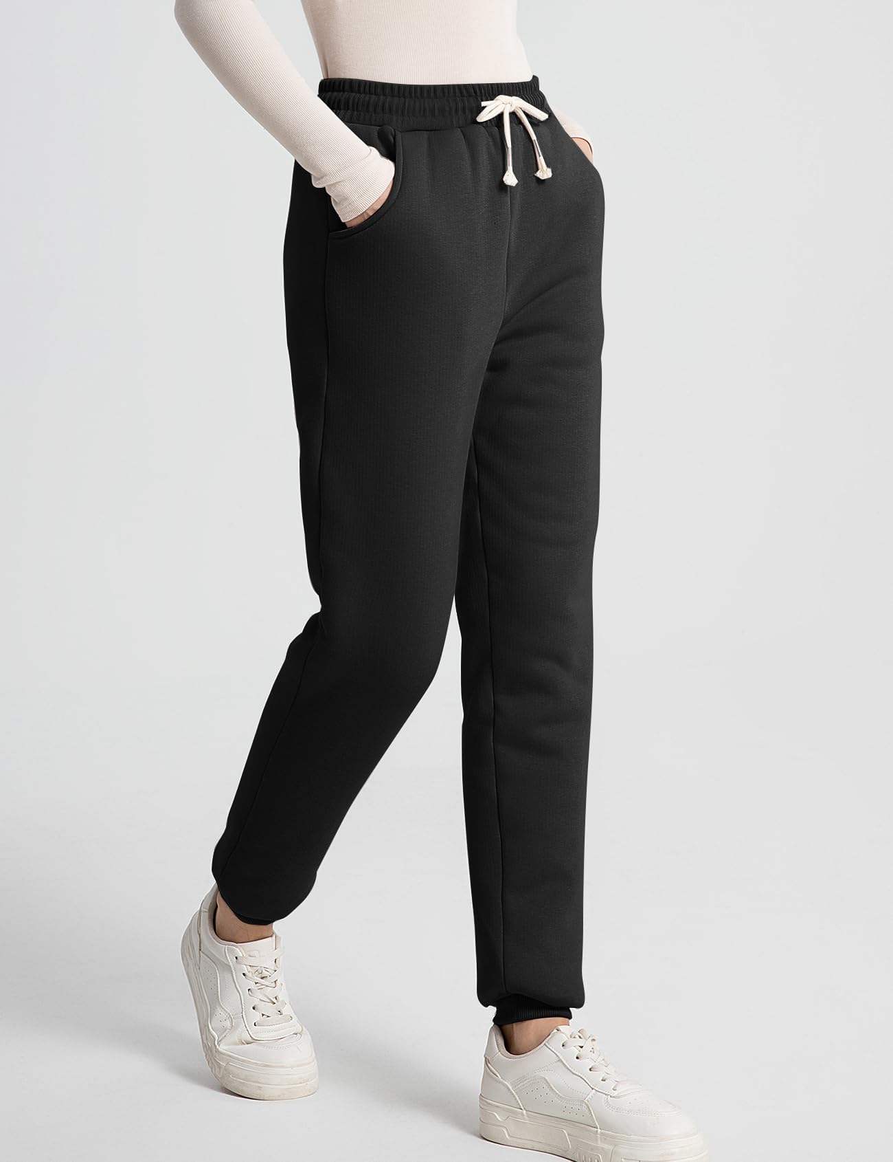 Flygo Women's Winter Warm Fleece Joggers Pants Sherpa Lined Athletic Active Sweatpants(Large, Black)