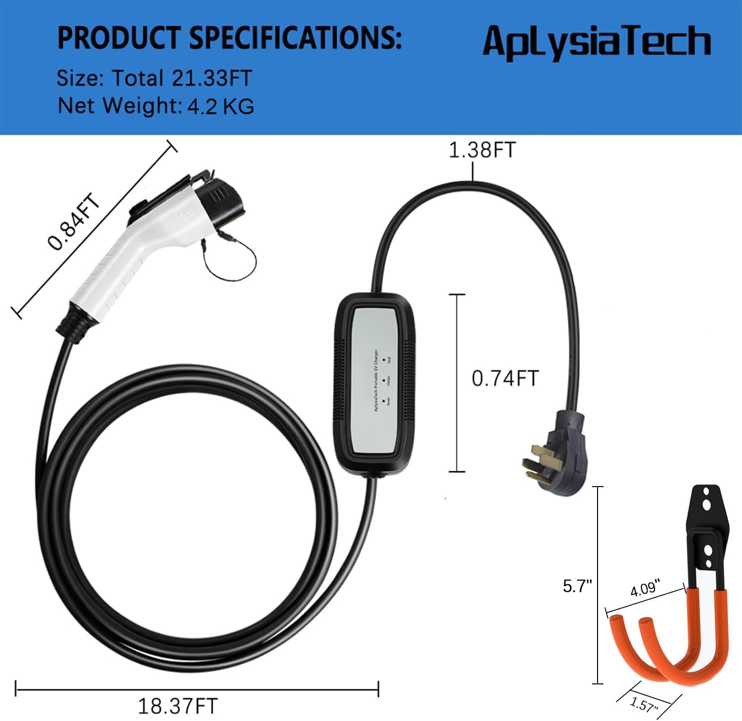 AplysiaTech Level 2 EV Charger,Max 48 Amp and 11.52KW Portable EVSE SAE J1772, NEMA14-50P and 6-50P to 14-50R Adapter,21 ft Charging Cable with Heavy Duty Cable