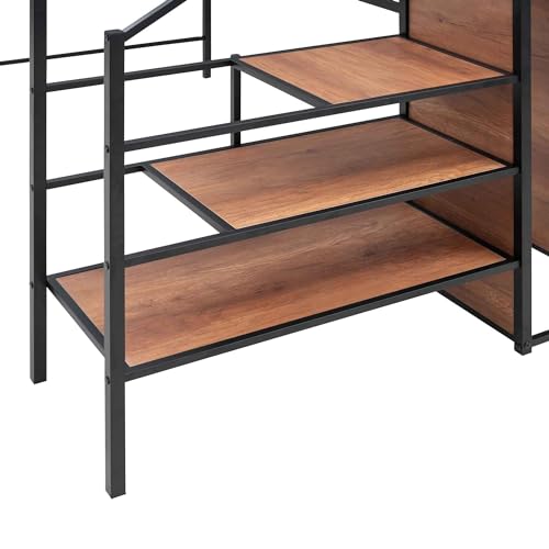 ATY Full Size Loft Bed with L-Shaped Desk and Wardrobe &Storage Shelves, Stairway Metal Bedframe w/Grid, Save Space Design, for Bedroom, Dorm, No Spring Need Required, Black