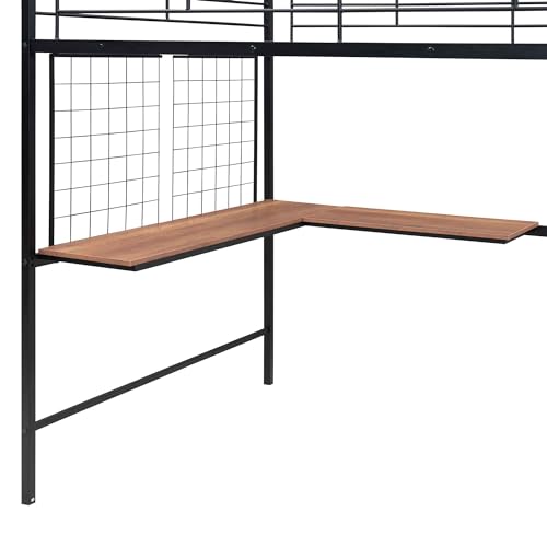 ATY Full Size Loft Bed with L-Shaped Desk and Wardrobe &Storage Shelves, Stairway Metal Bedframe w/Grid, Save Space Design, for Bedroom, Dorm, No Spring Need Required, Black
