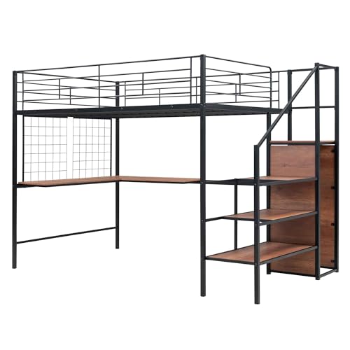 ATY Full Size Loft Bed with L-Shaped Desk and Wardrobe &Storage Shelves, Stairway Metal Bedframe w/Grid, Save Space Design, for Bedroom, Dorm, No Spring Need Required, Black