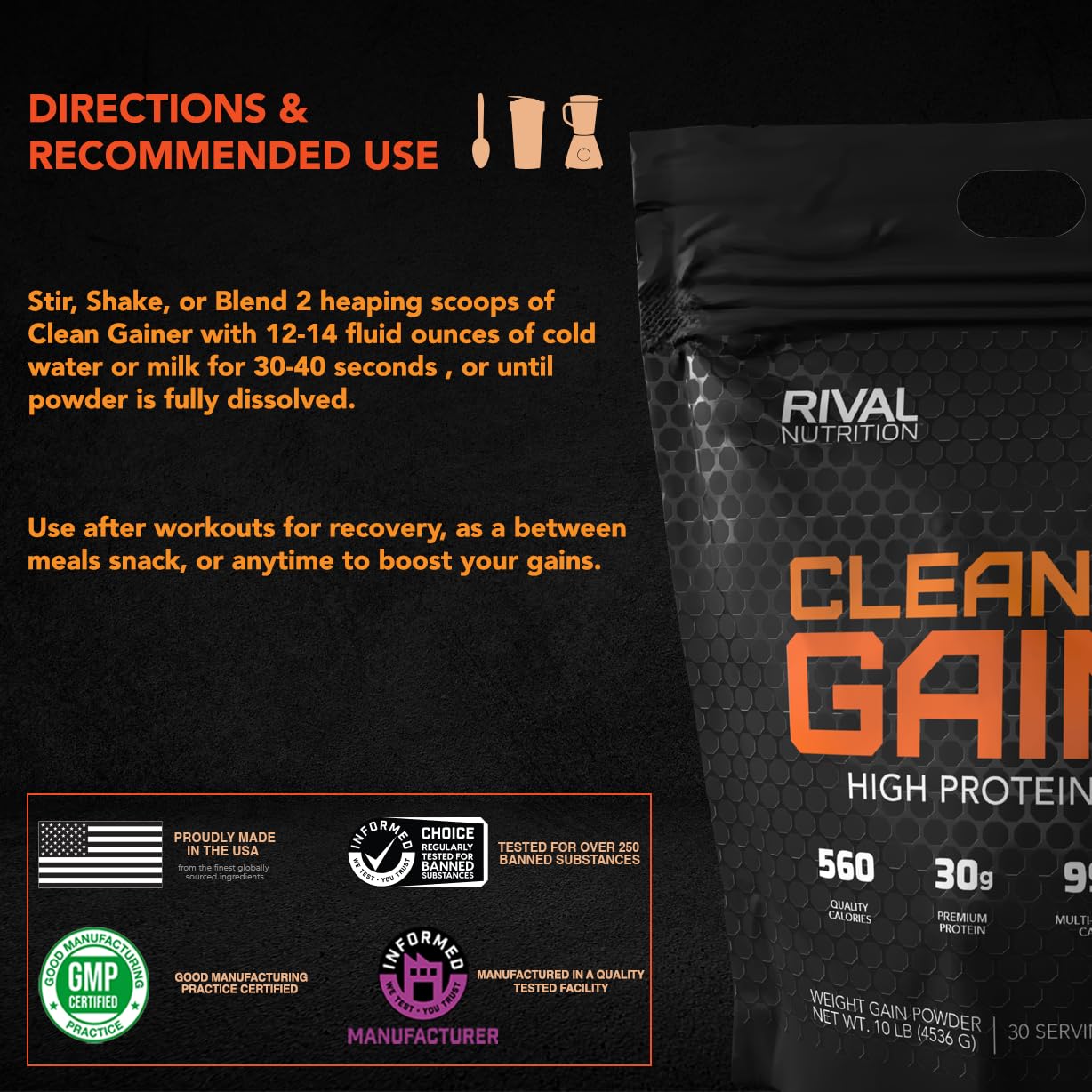 Rivalus Clean Gainer - Soft Serve Vanilla 10 Pound - Delicious Lean Mass Gainer with Premium Dairy Proteins, Complex Carbohydrates, and Quality Lipids, No Banned Substances, Made in USA