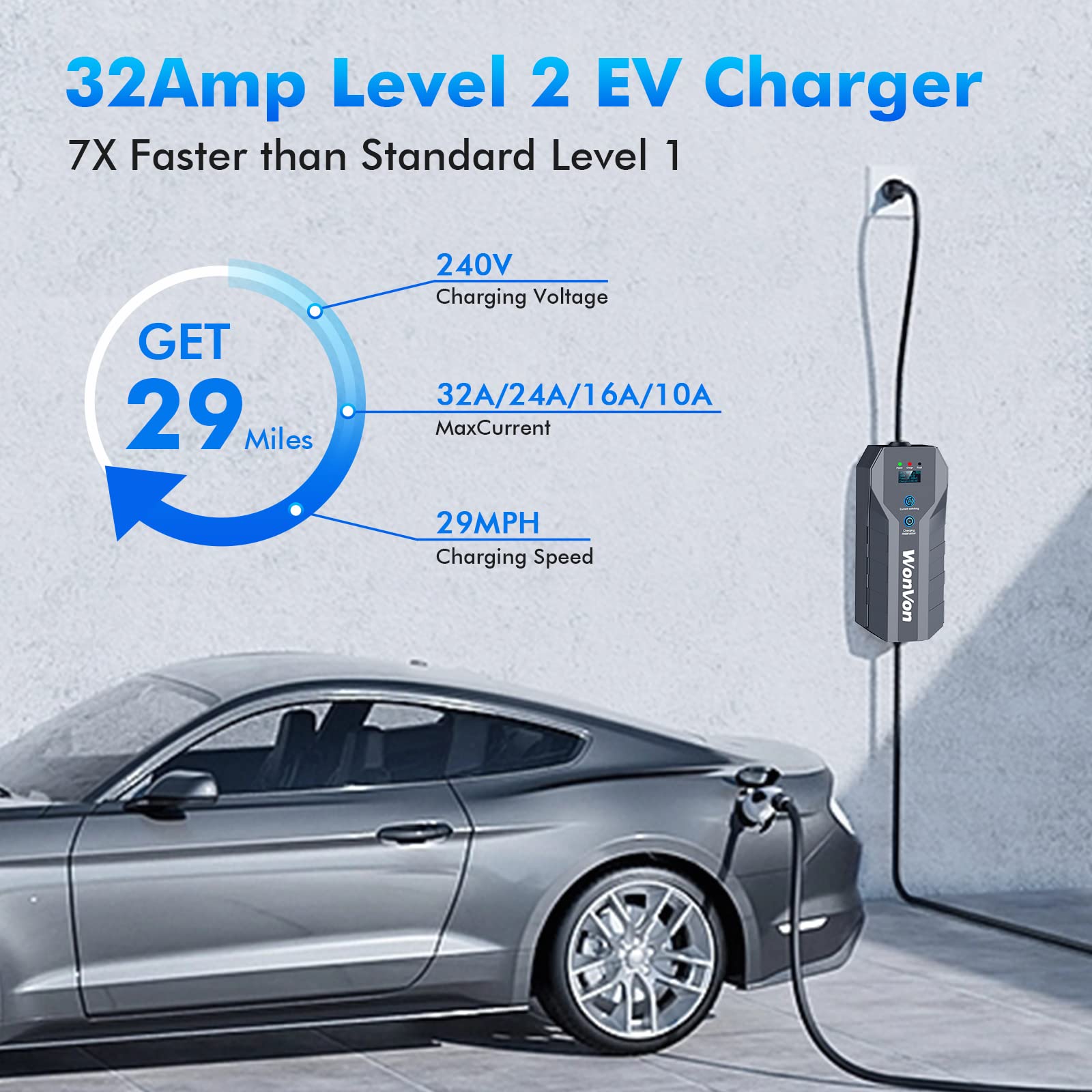 WonVon 32 Amp Level 2 EV Charger,23 Ft Portable Charger with NEMA 14-50P 240V J1772 Charging Cable, Adjustable&Smart Timing Charging in EV Charging Station.