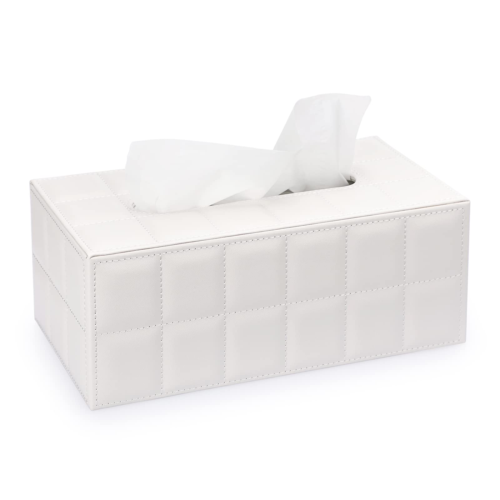 Sumnacon Rectangular Leather Tissue Box Cover - Stylish Tissue Box Holder with Magnetic Bottom, Decorative PU Tissue Box for Vanity Dresser Night Stand Table Countertop Home Office Car,Grid White