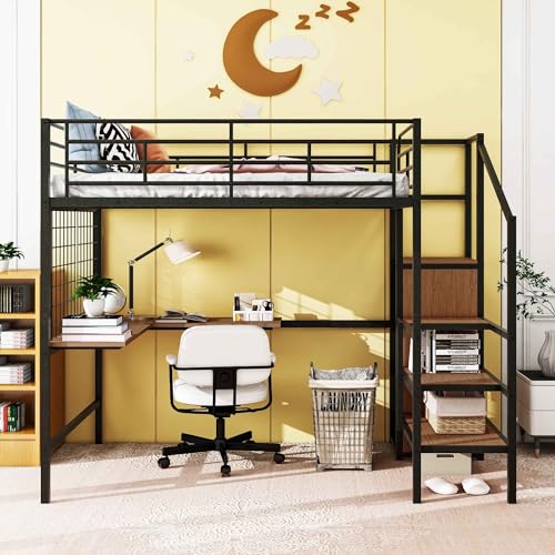ATY Full Size Loft Bed with L-Shaped Desk and Wardrobe &Storage Shelves, Stairway Metal Bedframe w/Grid, Save Space Design, for Bedroom, Dorm, No Spring Need Required, Black