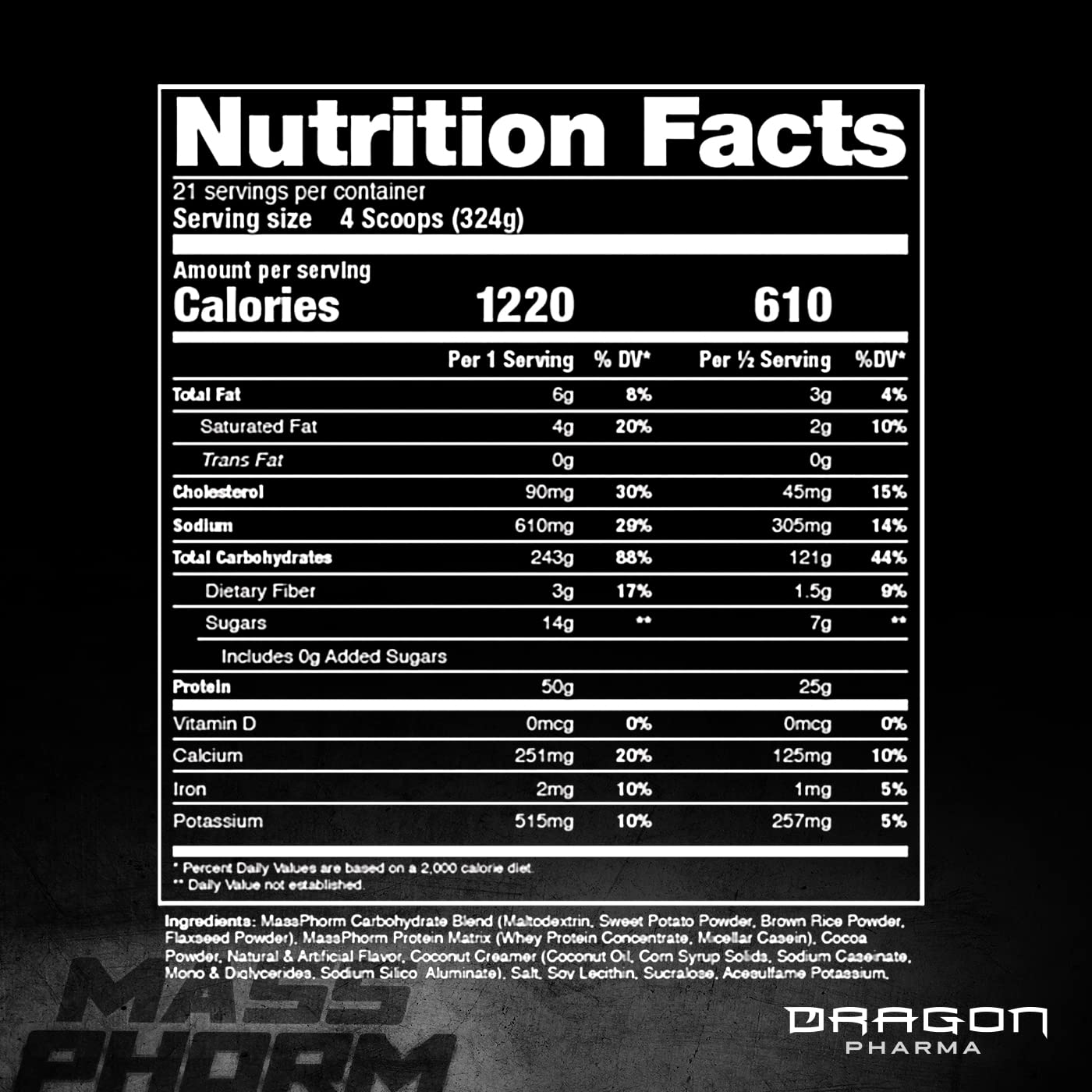 DRAGON PHARMA Mass Phorm, Ultimate Mass Gain Catalyst, 50g Protein Matrix, 200g of Complex Carbohydrates, Over 1,000 Calories Per Serving (20 Servings, Vanilla Milkshake)