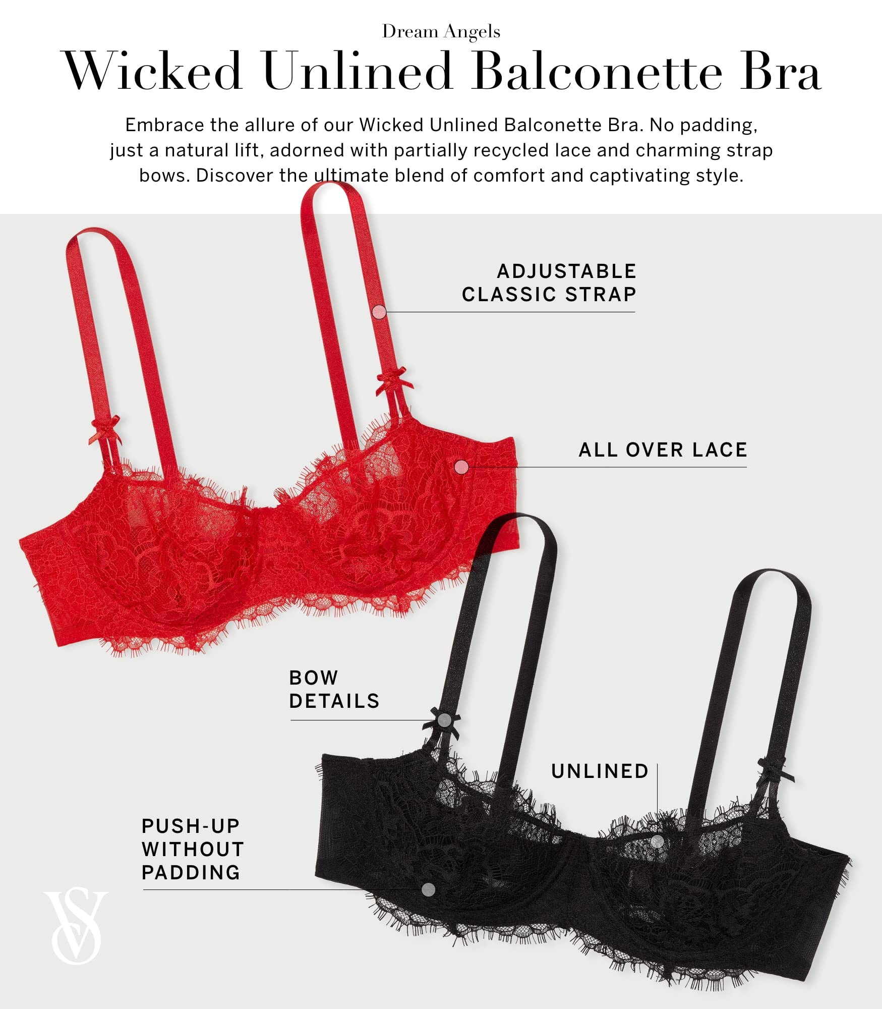 Victoria's Secret Dream Angels Wicked Unlined Lace Balconette Bra, Bras for Women, Coconut White, 36D