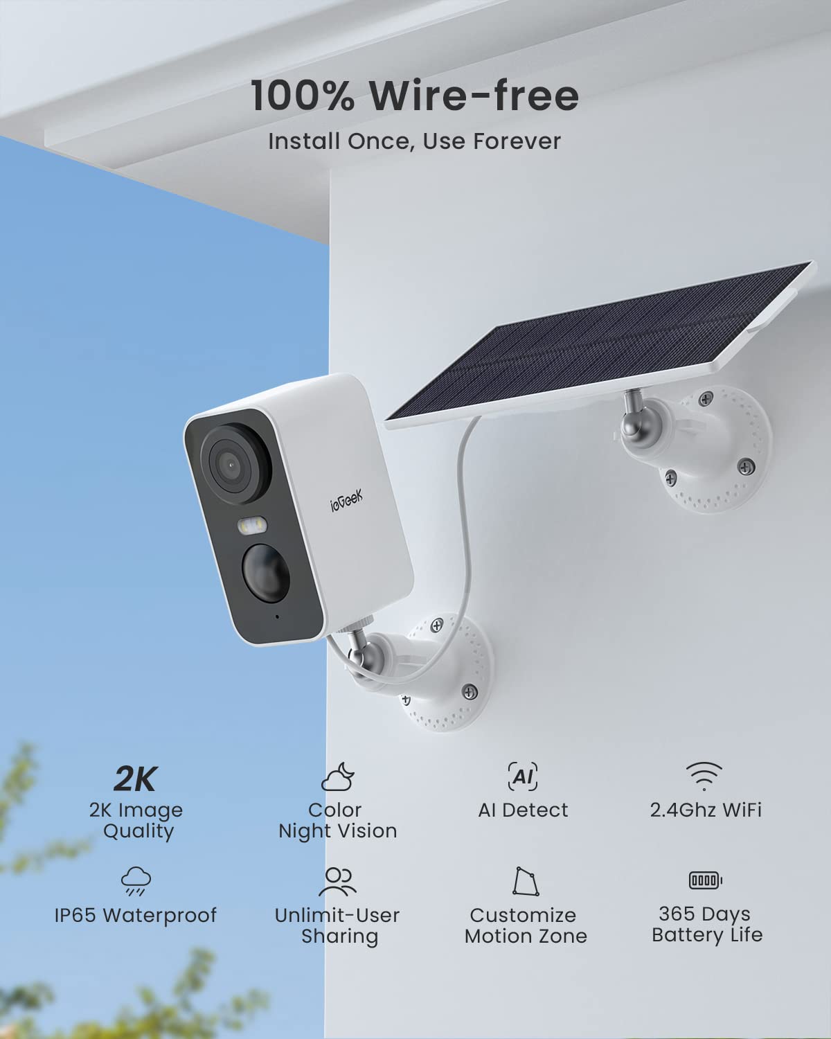 Solar Security Cameras Wireless Outdoor, ieGeek 2 Pack 2K WiFi Battery Camera System for Home Surveillance, Battery Powered Cam with 3MP Color Night Vision, PIR, AI, 2-Way Talk, IP65, Works with Alexa