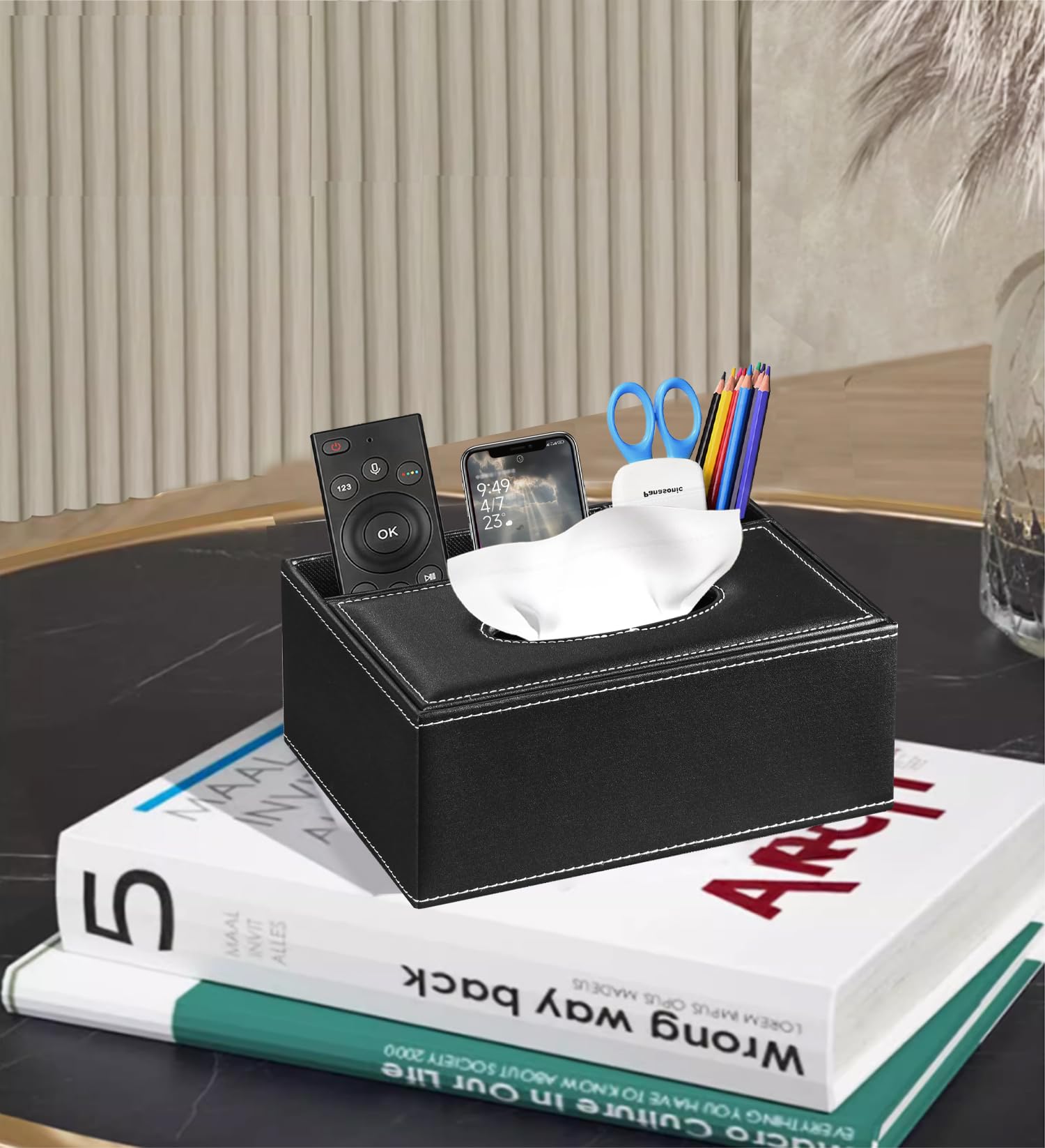 Tissue Box Cover Rectangular,Compatible with Kleenex Box Covers,Multifunctional Facial Tissue Box Holder with Remote Control Holder,Decorative Nighstand Organizer,Tissue Dispenser for Bathroom