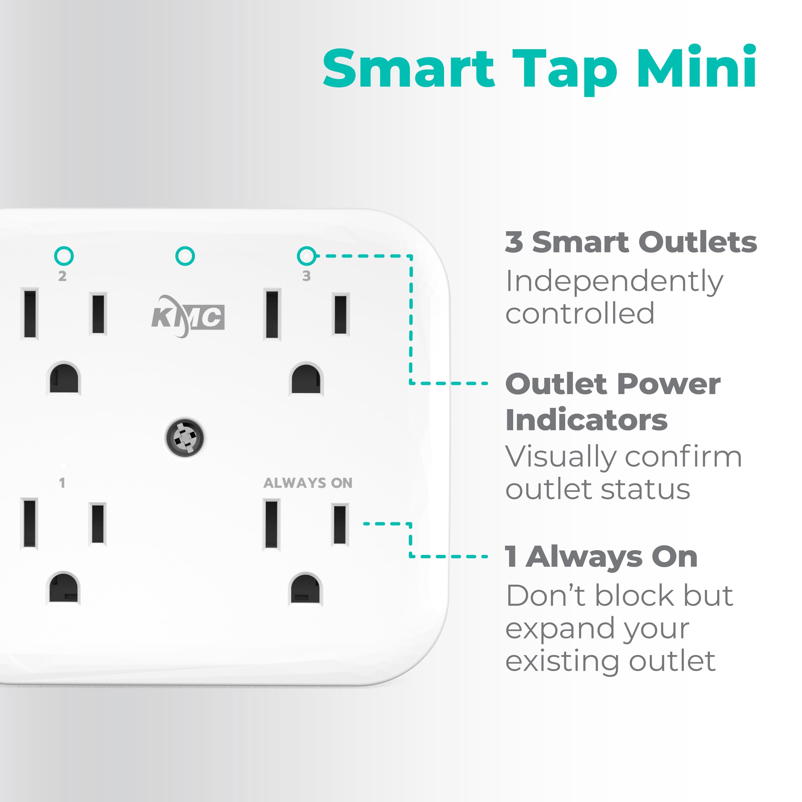 KMC Smart Tap Mini 2-Pack, 4-Outlet Wall Mounted Plug Adapter, 3 Independently Controlled Wi-Fi Outlets, Compatible with Alexa & Google Assistant, No Hub Required