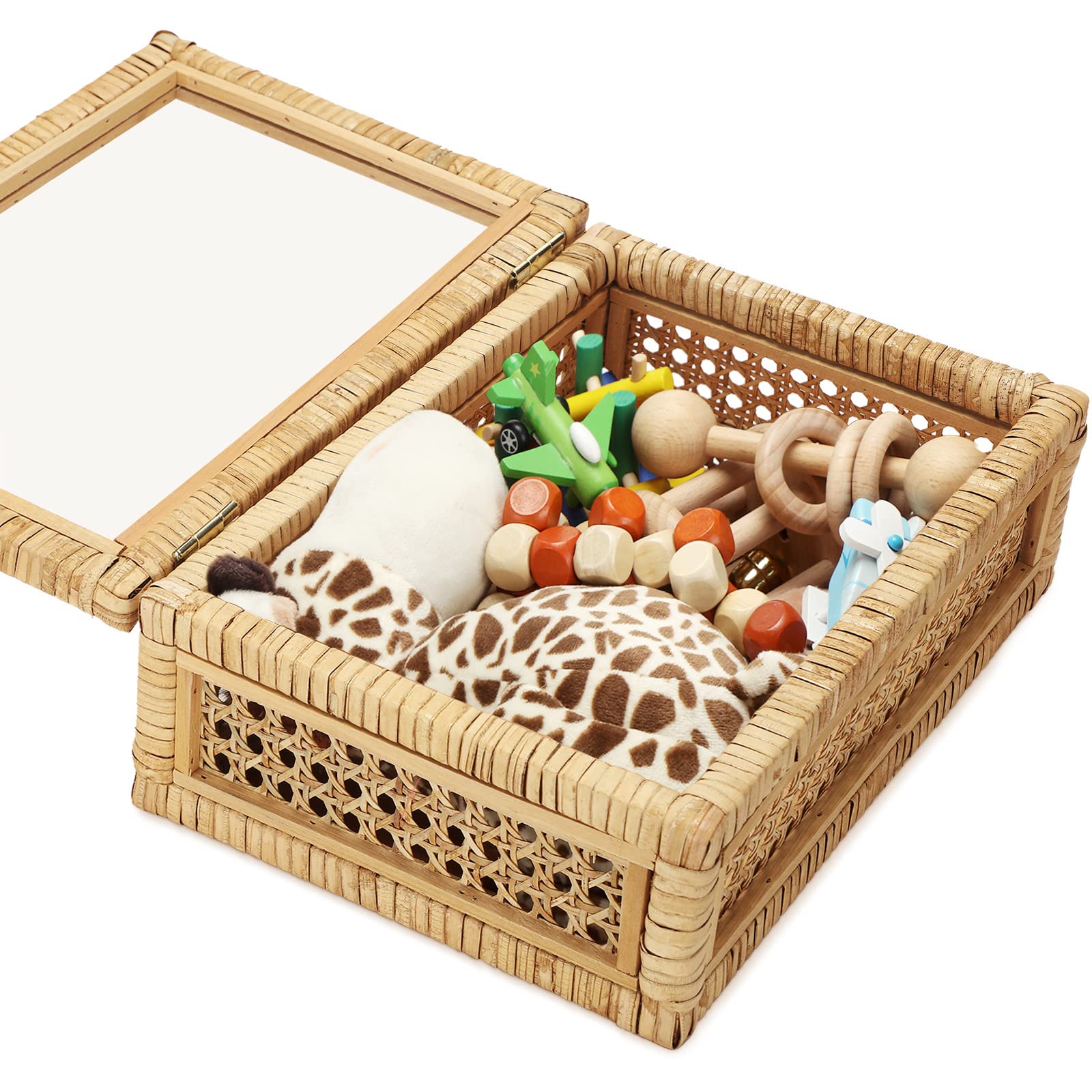 Set of 2 Boho Rectangular Rattan Decorative Boxes with Glass Lids Woven Cane and Rattan Display Boxes with Lids Storage Basket Bins for Home Decor (15.4 x 9.5 x 7.1 Inch, 12.6 x 6.7 x 4.3 Inch)