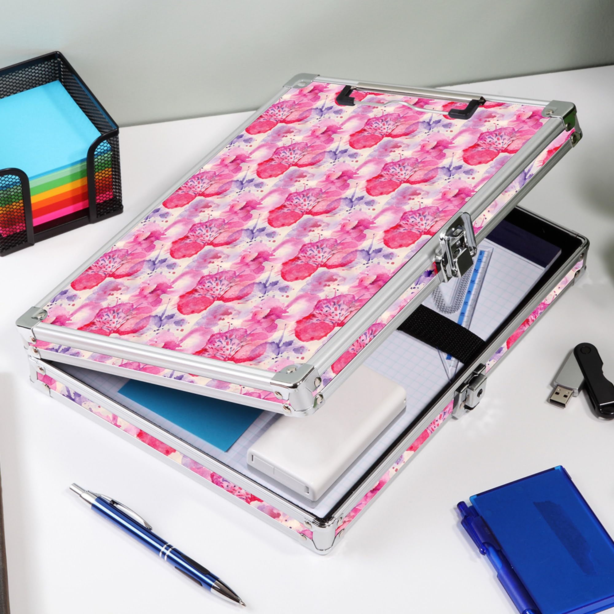 Vaultz Locking Clipboard with Storage - Heavy Duty Metal Clip Board Box Holds 8.5" x 11" Letter-Size Paper or Tablet Device - Key Lock, Floral Pink