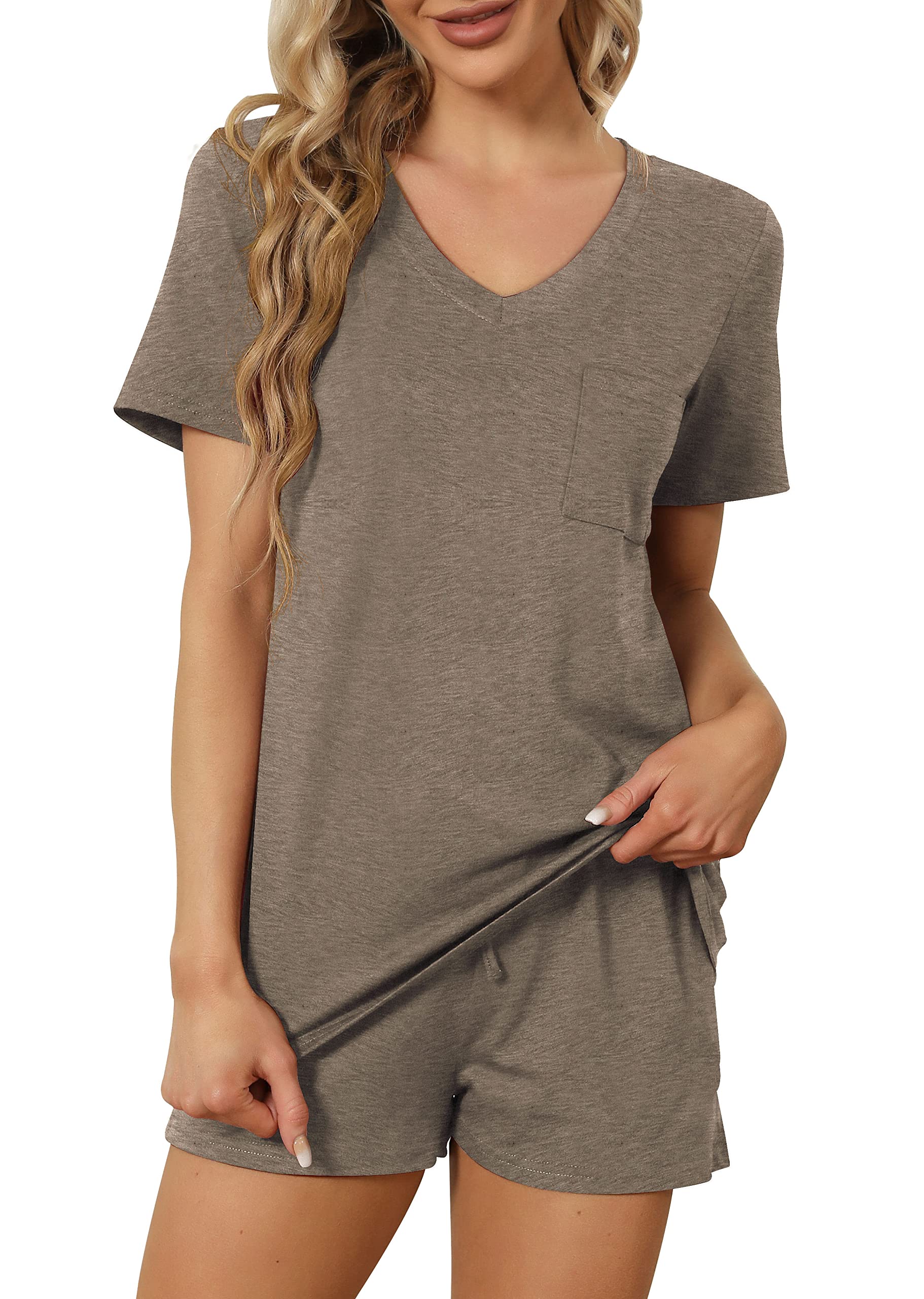 RUBZOOF Pajamas for Women Shorts Set V Neck Casual Summer Short Sleeve Lounge Sets Grey L