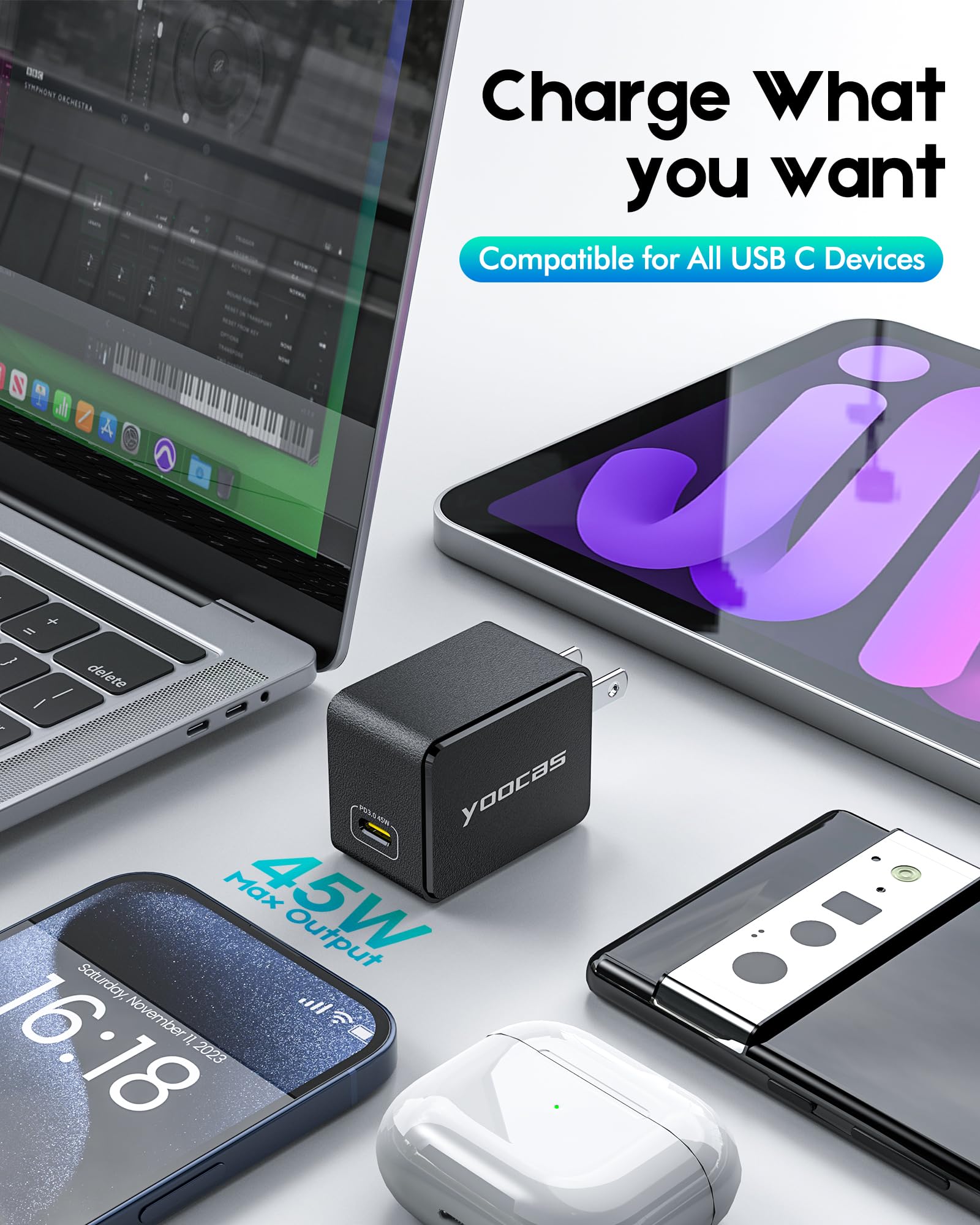 yoocas 45W Super Fast Charger USB C,Type C Wall Charger,Mini Foldable PD PPS Gan Charger Block for iPhone 16/15/14/Pro,Samsung Galaxy S22/S23/S24/S25-Black