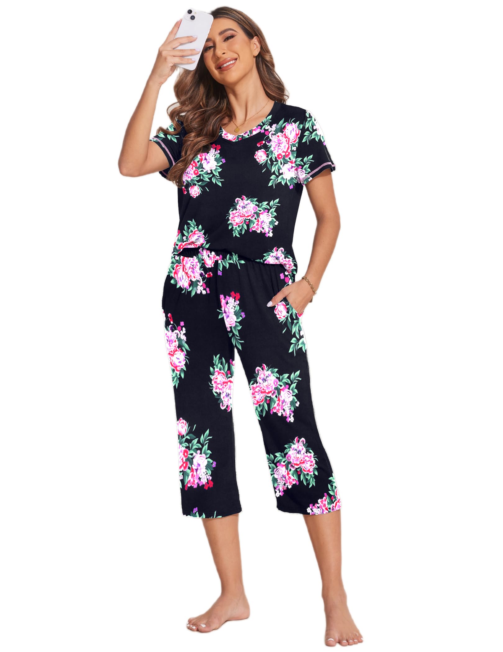 Ekouaer Women's Sleepwear Capri Pajama Sets Short Sleeve Two-Piece Pjs V Neck Tops & Capri Pants with Pockets S-3XL