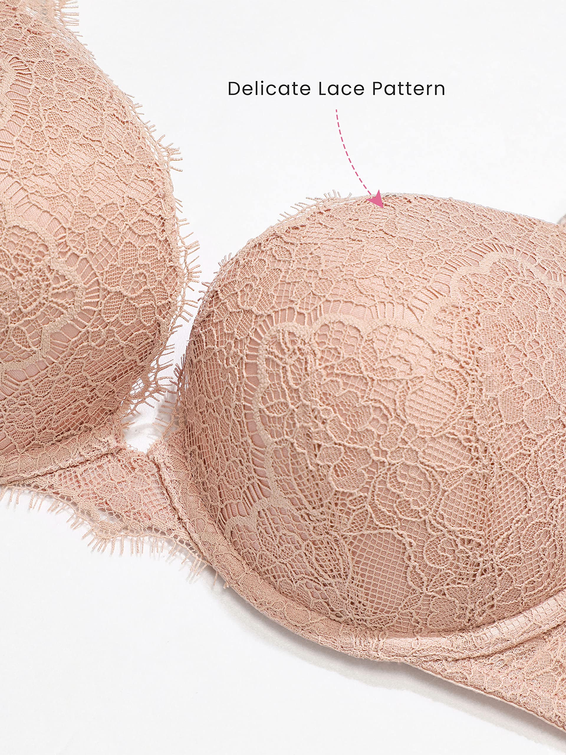 DOBREVA Women's Push Up Bra Eyelash Lace Sexy Cleavage Underwire Support Plunge Bras Blush Beige 32B