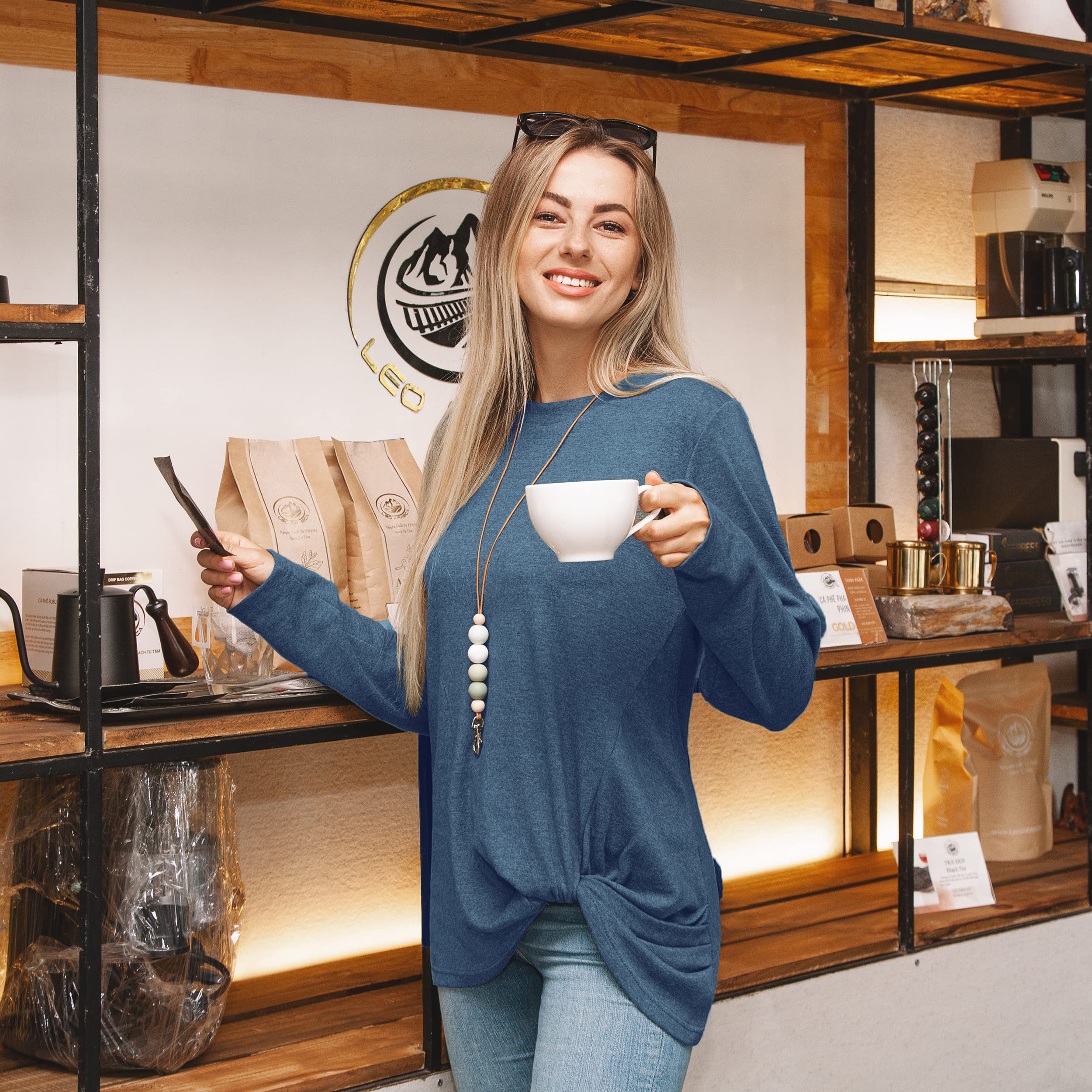 NY Threads Womens Long Sleeve Tops, Casual Crewneck, Pullover Tunic Blouse, Loose Fitting T Shirts Midnight Blue