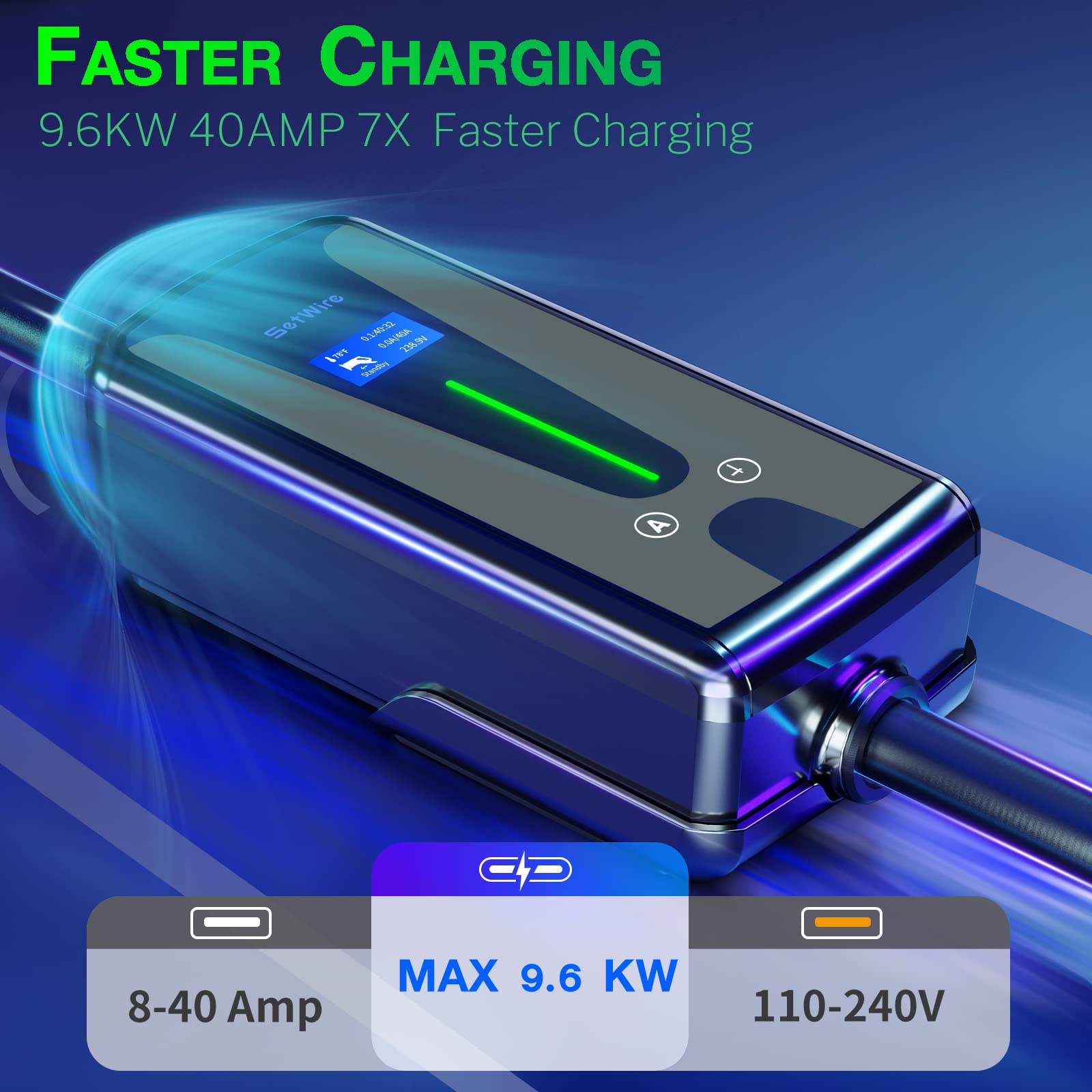 SetWire Level 2 EV Charger, 40 Amp Smart WiFi, 2 in 1 Wall Mount & Portable EV Charger,110-240V, NEMA 14-50 Plug, 23-Foot Cable, Electric Vehicle Car Charging Stations
