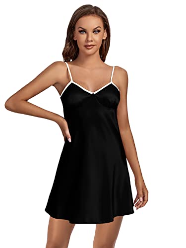 LYANER Women's Satin V Neck Spaghetti Strap Silk Slip Nightdress Chemise Nightgown Black Medium