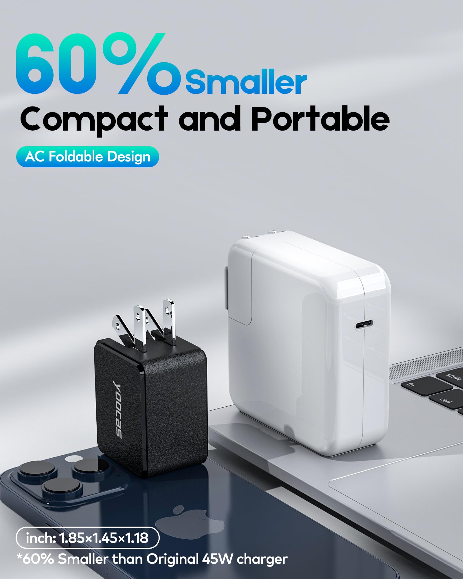 Yoocas 45W Super Fast Charger USB C,2 Ports Type C Wall Charger,Mini Foldable PD PPS Gan Charger Block for Galaxy S23 Ultra,Note 20,iPhone 15,iPad Pro,Laptop,MacBook Power Adapter,Steam Deck-Black