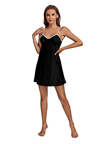 LYANER Women's Satin V Neck Spaghetti Strap Silk Slip Nightdress Chemise Nightgown Black Medium