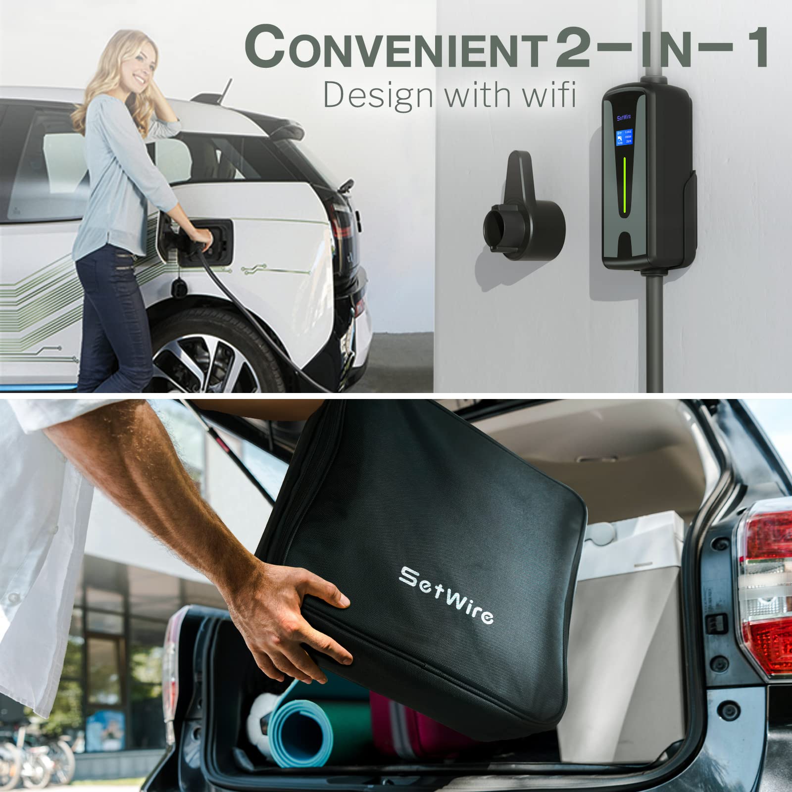 SetWire Level 2 EV Charger, 40 Amp Smart WiFi, 2 in 1 Wall Mount & Portable EV Charger,110-240V, NEMA 14-50 Plug, 23-Foot Cable, Electric Vehicle Car Charging Stations