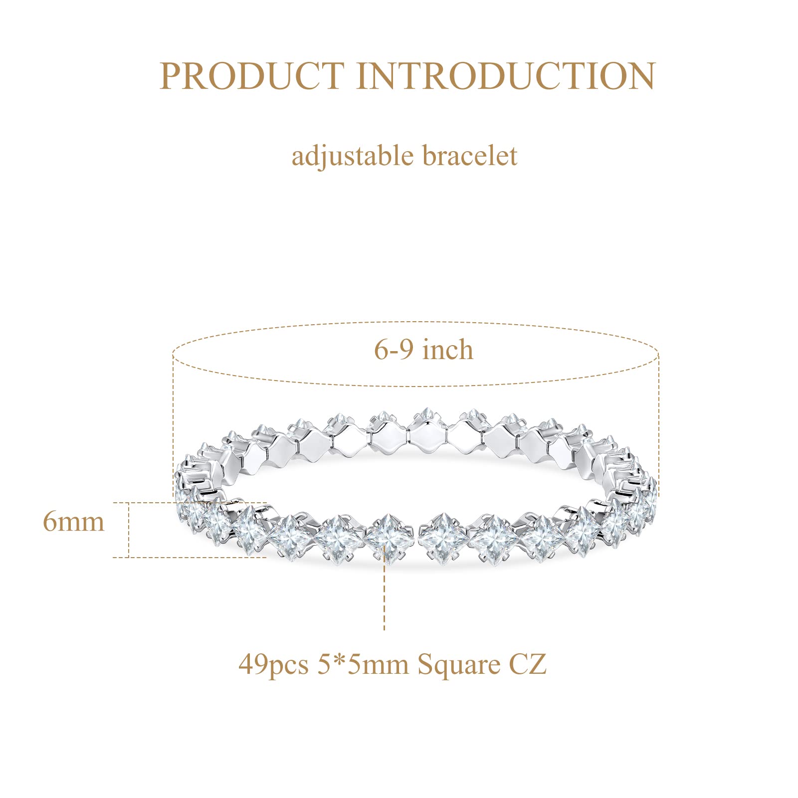 Square Cubic Zirconia Open Adjustable Cuff Bracelet for Women Men, White Gold Plated Personalized CZ Tennis Bracelet and Rhinestone Anklets Chain (Square CZ Bracelet)