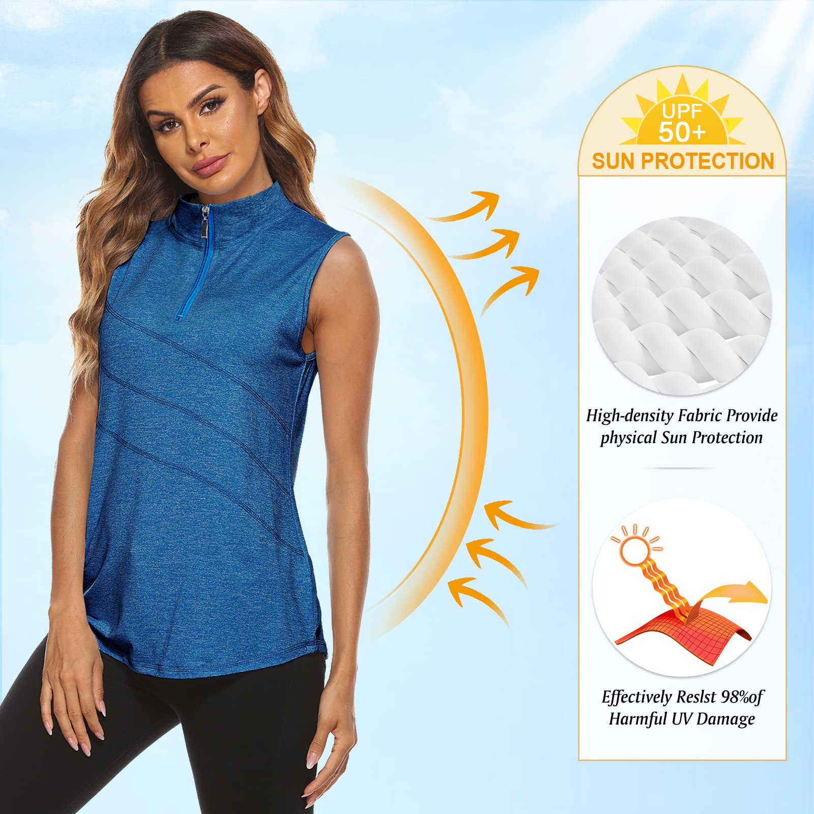 Koscacy Women's Petite Sleeveless Golf Tennis Polo Shirts Zip Up Dry Fit Workout Tank Tops Deep Blue X-Small