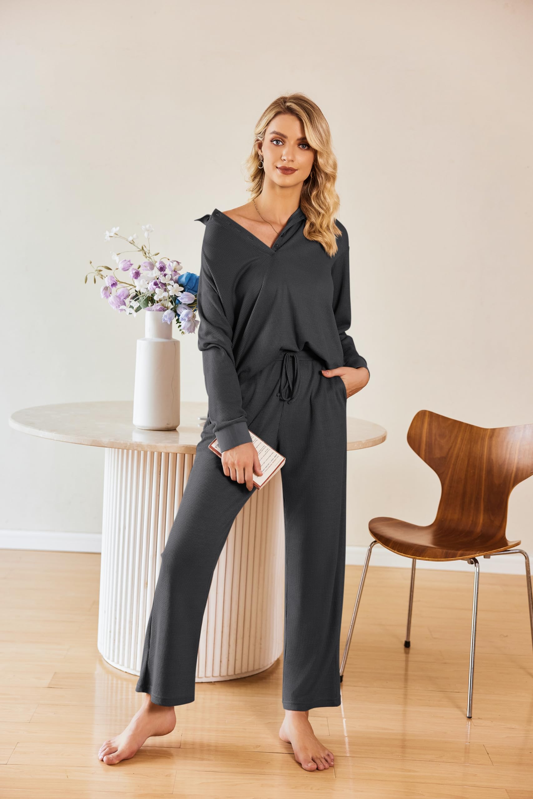 Ekouaer Waffle Knit Pajamas Set for Women 2 Piece Outfits Long Sleeve Button Top and Wide Leg Pant with Pockets Loungewear Dark Grey M