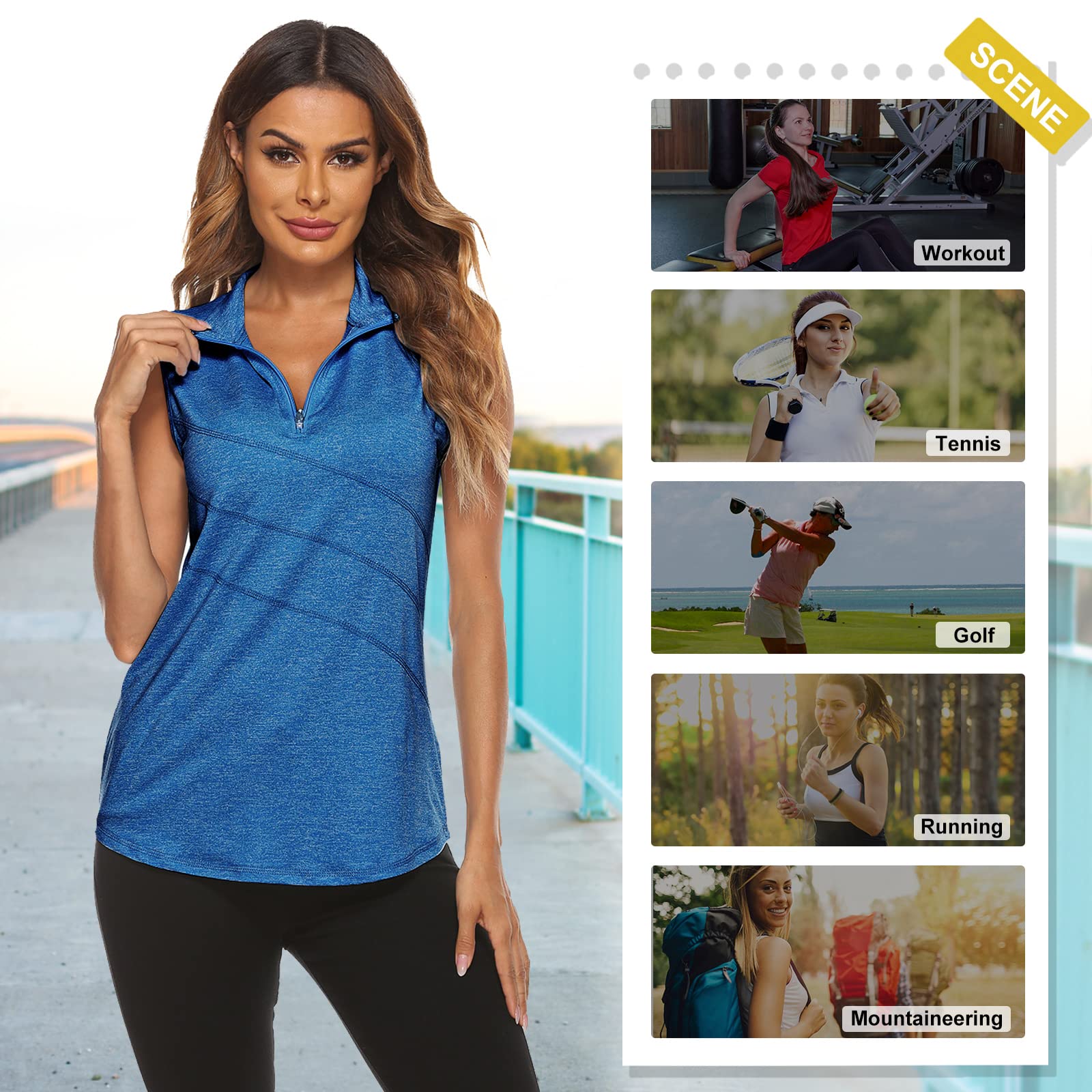Koscacy Women's Petite Sleeveless Golf Tennis Polo Shirts Zip Up Dry Fit Workout Tank Tops Deep Blue X-Small