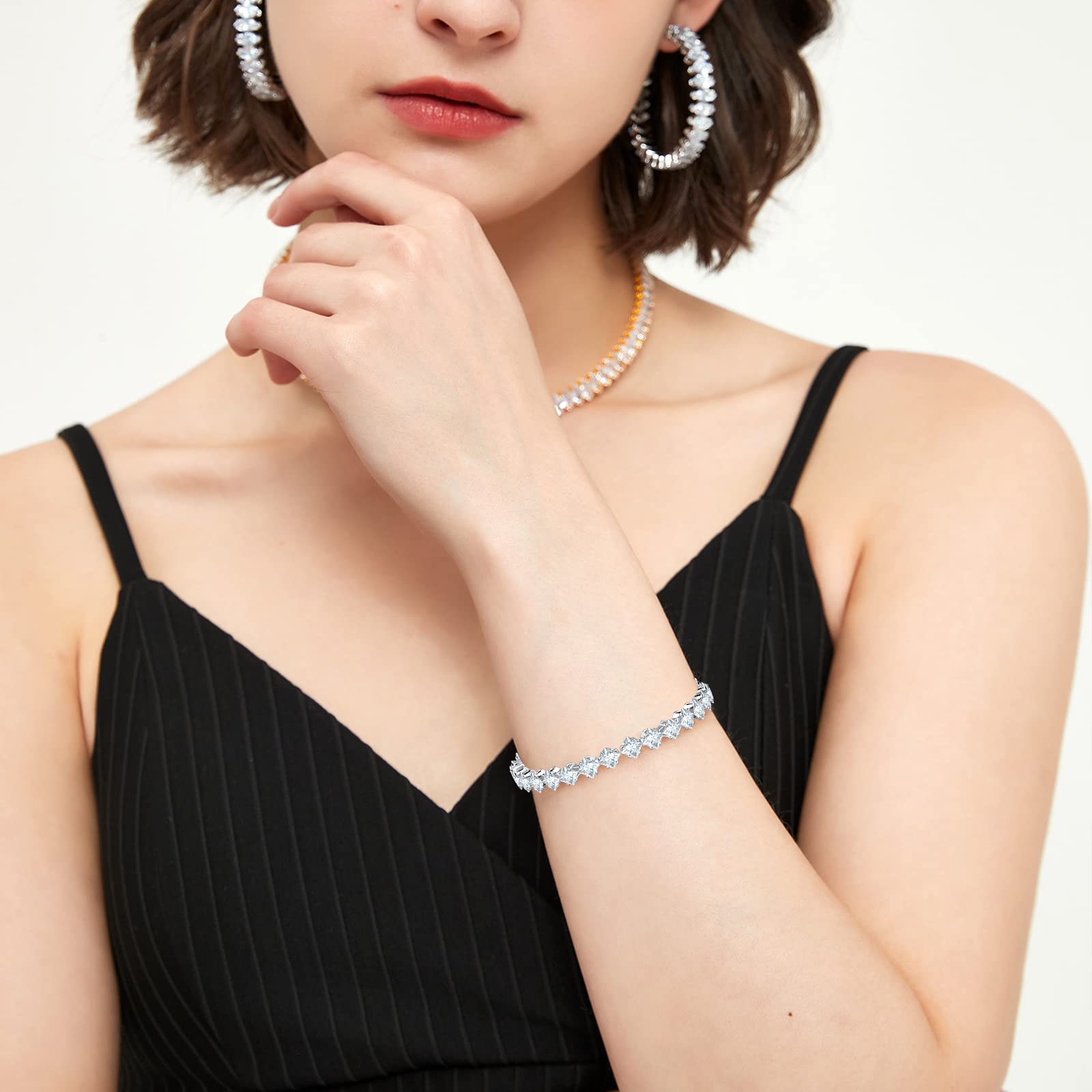 Square Cubic Zirconia Open Adjustable Cuff Bracelet for Women Men, White Gold Plated Personalized CZ Tennis Bracelet and Rhinestone Anklets Chain (Square CZ Bracelet)