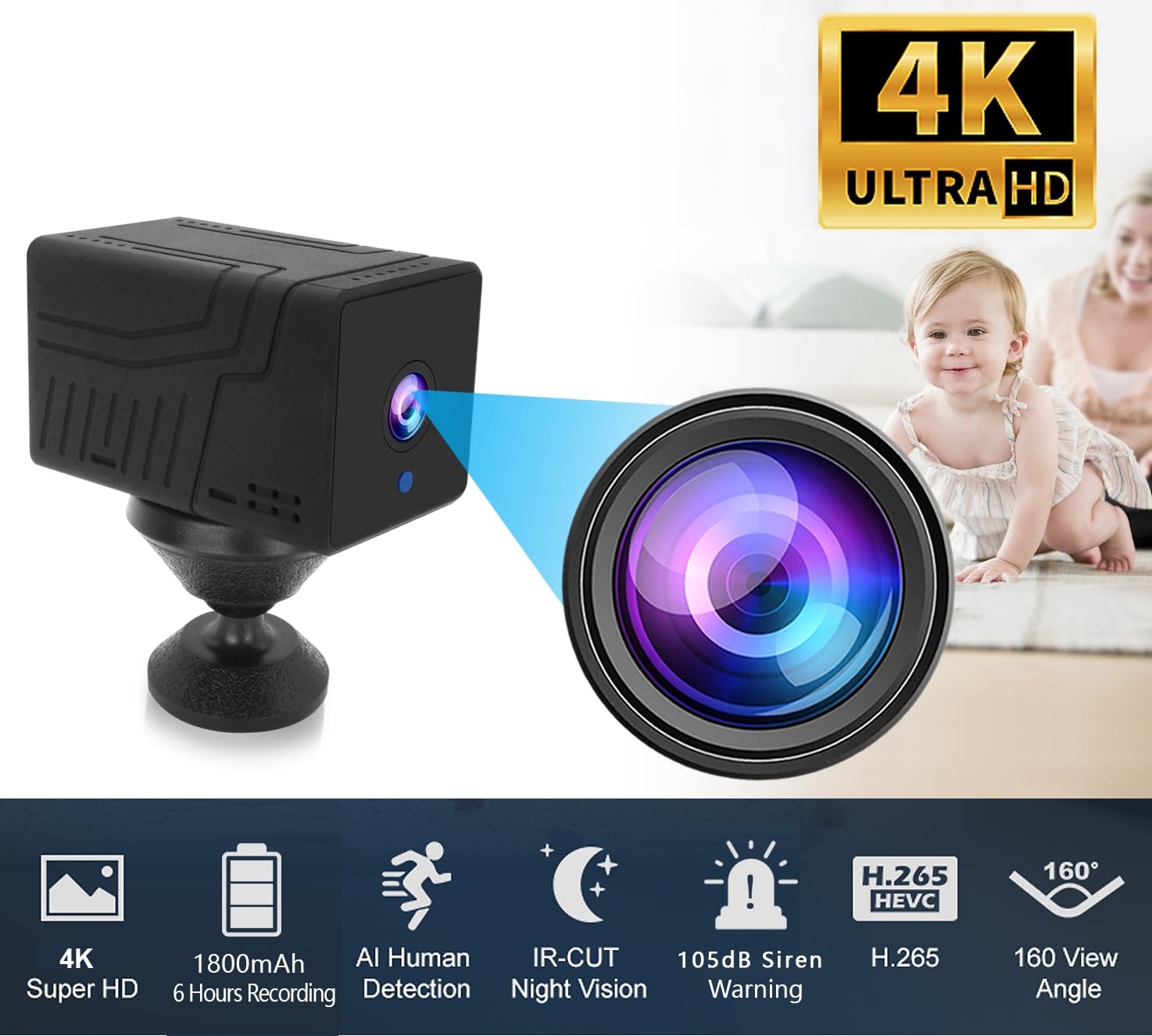 4K Wireless Wifi Camera,Upgrade 4K,1800mAh Battery Powered,WiFi Wireless Nanny Cam Home Security Camera Tiny Office Secret Surveillance Cam with 100 Days Standby AI Human Detection Auto Night Vision