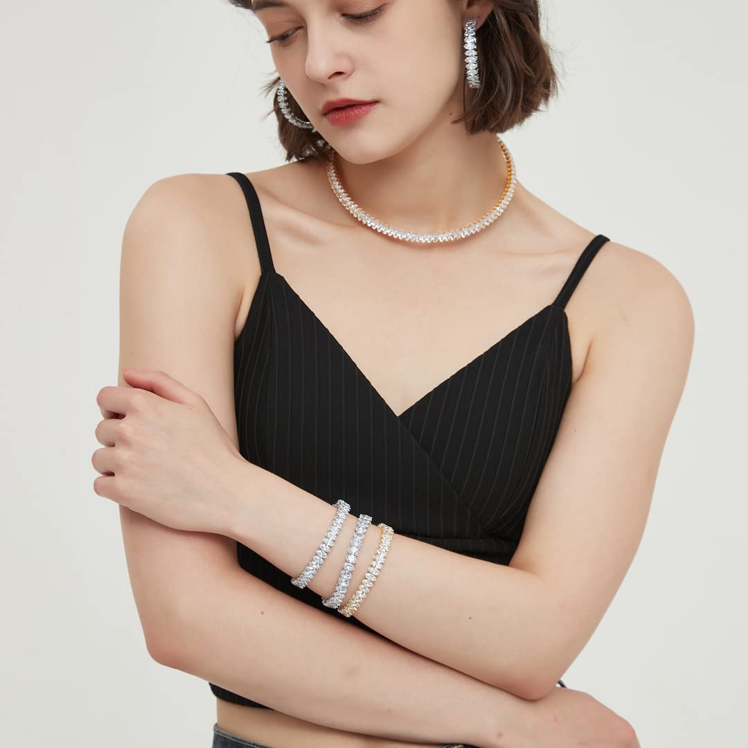 Square Cubic Zirconia Open Adjustable Cuff Bracelet for Women Men, White Gold Plated Personalized CZ Tennis Bracelet and Rhinestone Anklets Chain (Square CZ Bracelet)