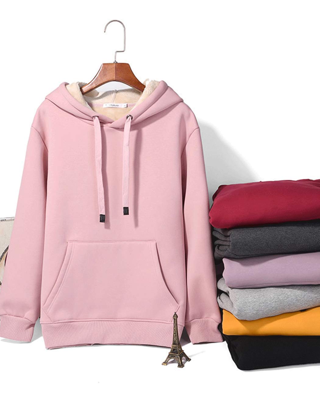 Haellun Womens Casual Winter Warm Fleece Sherpa Lined Pullover Hooded Sweatshirt (Pink, Medium)