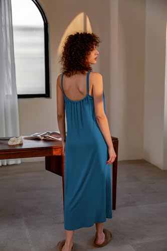 Ekouaer Women's Sleeveless Long Nightgown Full Slip Nightdress Soft Sleepdress V Neck Nightshirt Peacock Blue 3X-Large