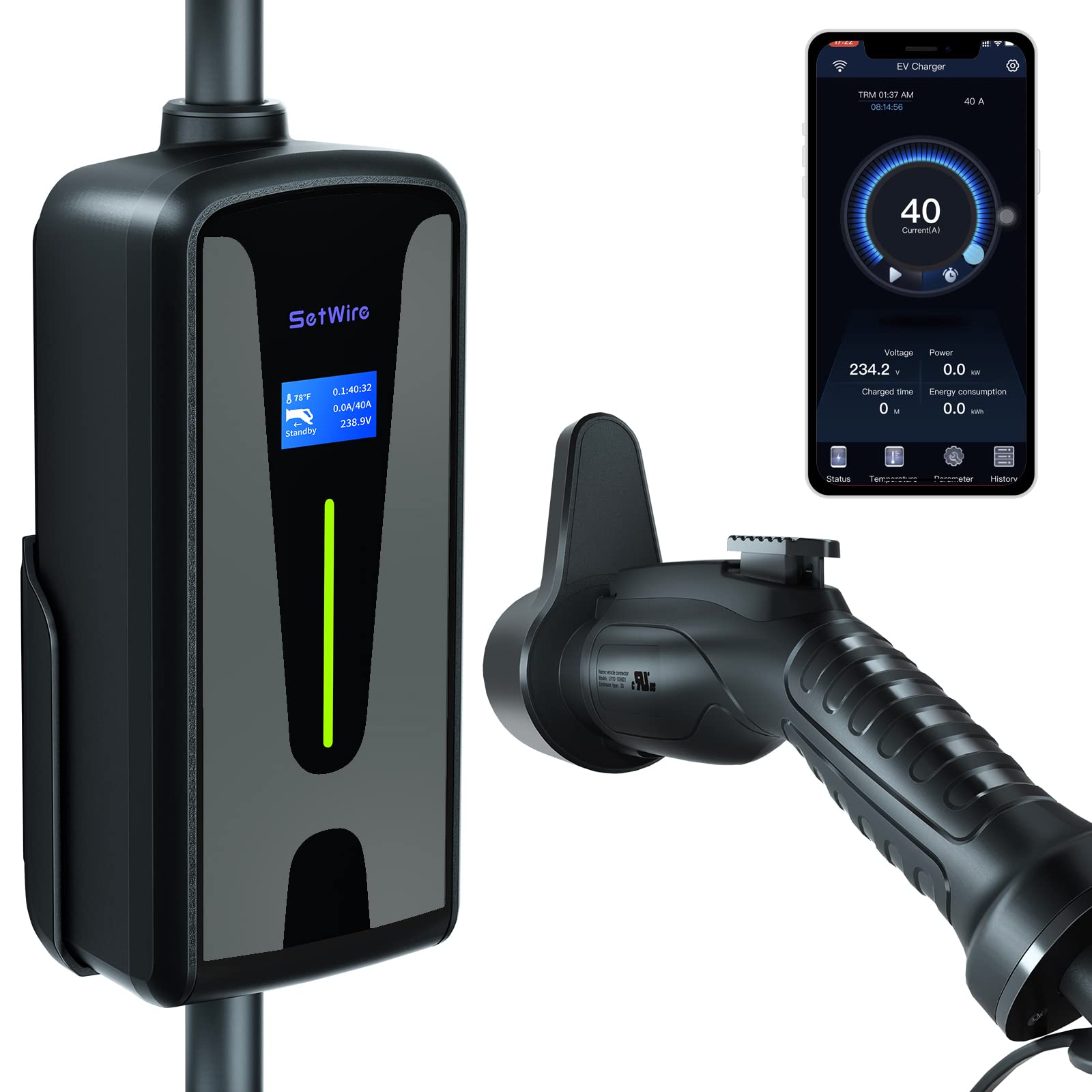 SetWire Level 2 EV Charger, 40 Amp Smart WiFi, 2 in 1 Wall Mount & Portable EV Charger,110-240V, NEMA 14-50 Plug, 23-Foot Cable, Electric Vehicle Car Charging Stations