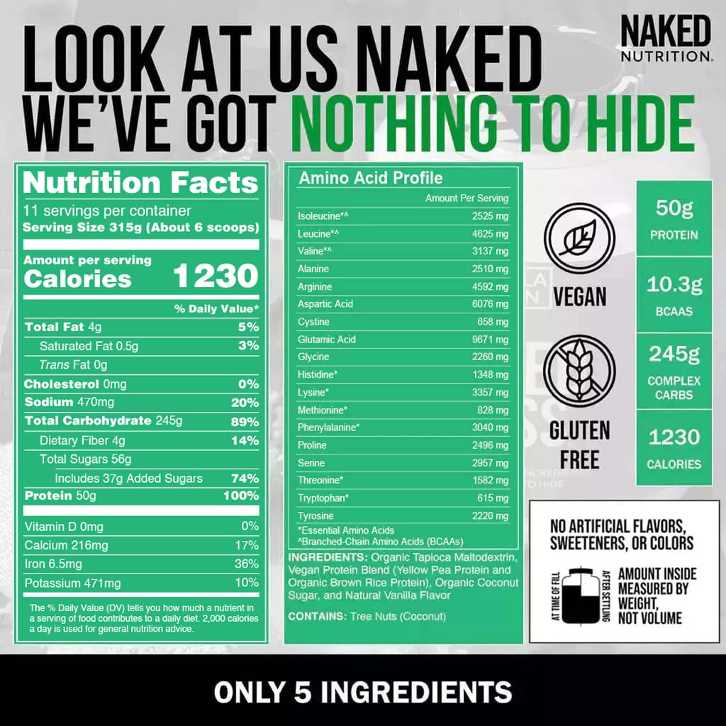 Naked Mass - Vanilla Vegan Weight Gainer - 8Lb Bulk, GMO Free, Gluten Free, Soy Free & Dairy Free. No Artificial Ingredients - 1,230 Calories - 11 Servings
