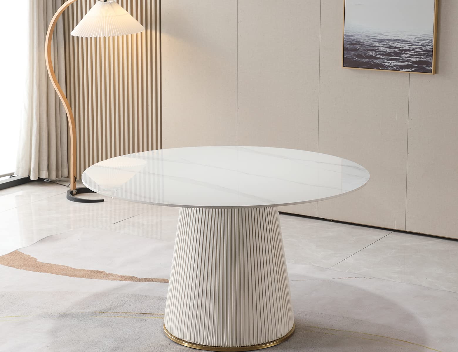 Modern Engineered Stone Dining Table - 53" Round Dining Table with Cylindrical Base, 1-Piece Dining Room Table for Up to 6 for Kitchen, Restaurant