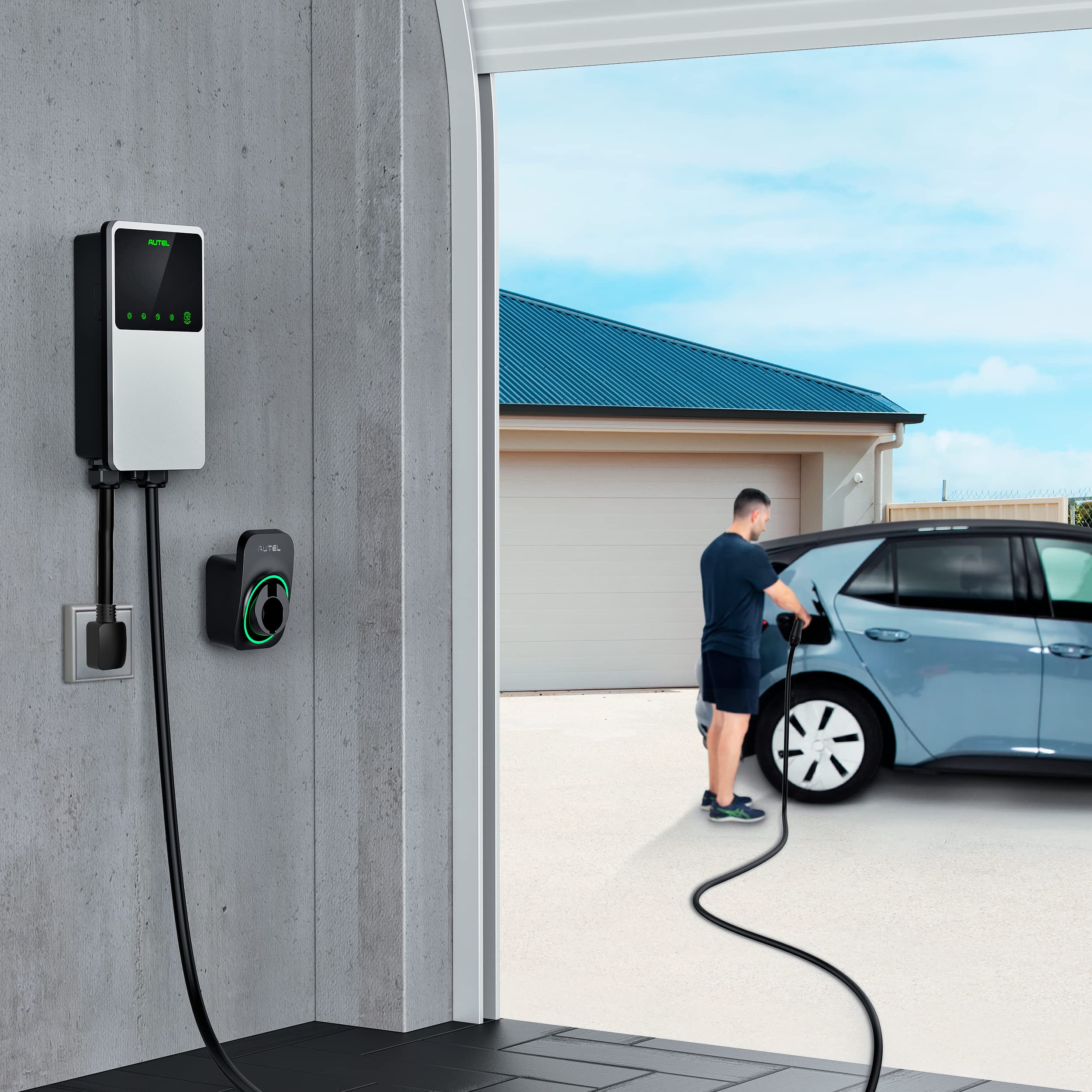 Autel MaxiCharger Home Electric Vehicle (EV) Charger, up to 40 Amp, 240V, Level 2 WiFi and Bluetooth Enabled EVSE, NEMA 14-50 Plug, Indoor/Outdoor, 25-Foot Cable with Separate Holster, Silver