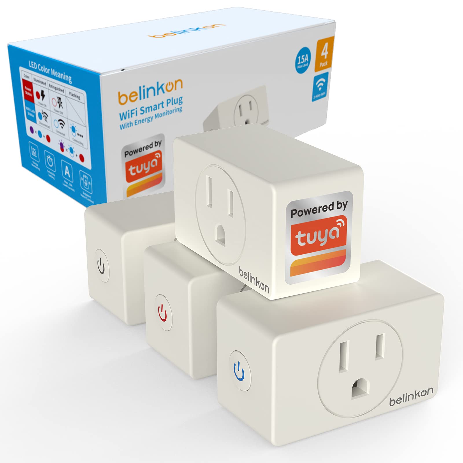 belinkon Ultra Mini WiFi Smart Plug with Energy Monitoring - Compatible with Alexa, Google Home, Smart Life App - FCC/Rohs Listed and No Hub Required - 15A Wi-Fi Outlet for Smart Home (4 Pack)