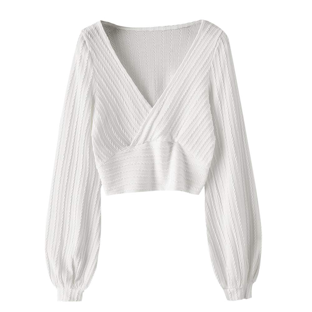 ZAFUL Women's Cross Wrap Ruched Plunge Deep V Neck Long Sleeve T Shirt Top