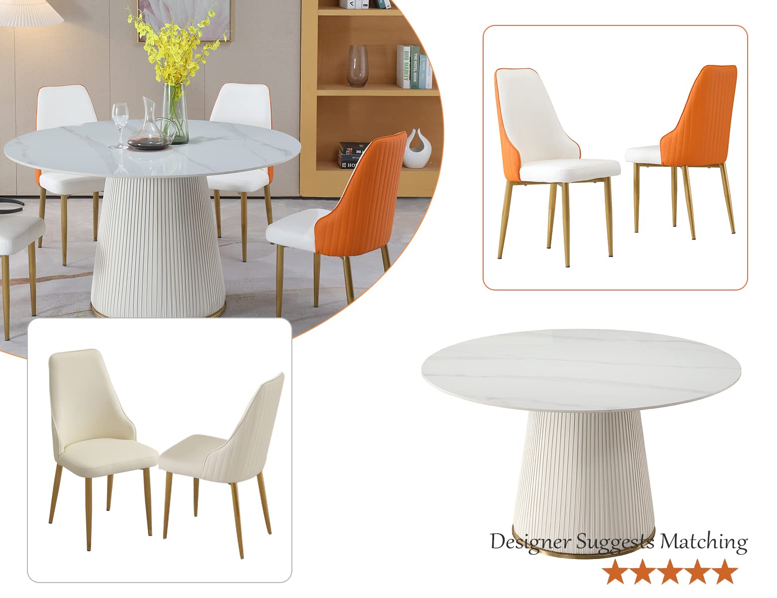 Modern Engineered Stone Dining Table - 53" Round Dining Table with Cylindrical Base, 1-Piece Dining Room Table for Up to 6 for Kitchen, Restaurant