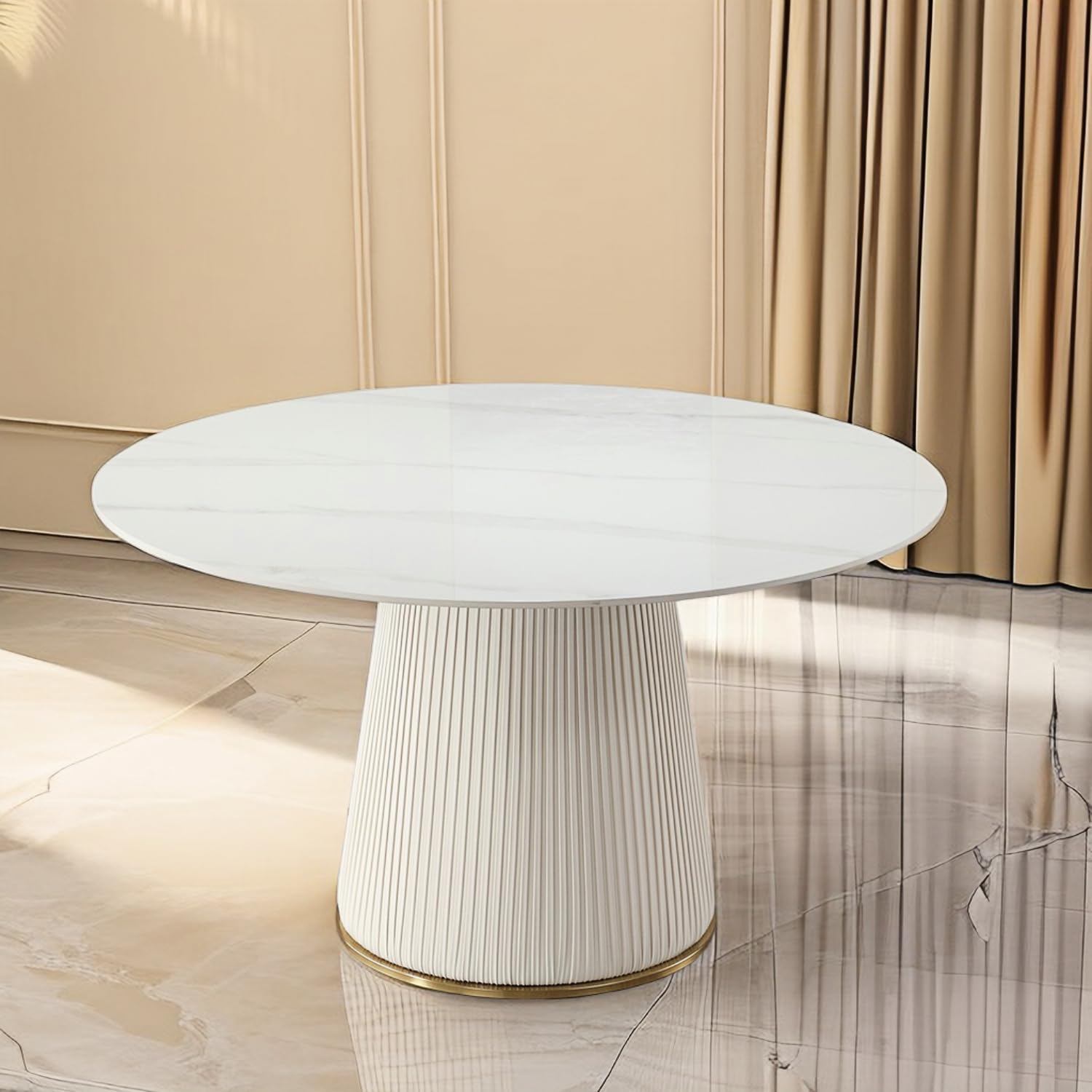 Modern Engineered Stone Dining Table - 53" Round Dining Table with Cylindrical Base, 1-Piece Dining Room Table for Up to 6 for Kitchen, Restaurant