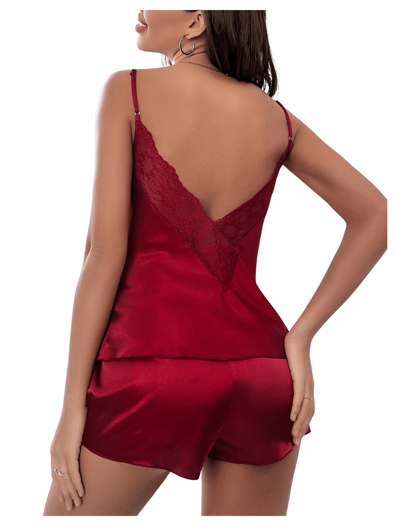 OYOANGLE Women's Satin Silk Mesh Lace Deep V Neck Sleepwear Cami Top and Shorts 2 Piece Pajamas Set Nightwear Pjs Burgundy L