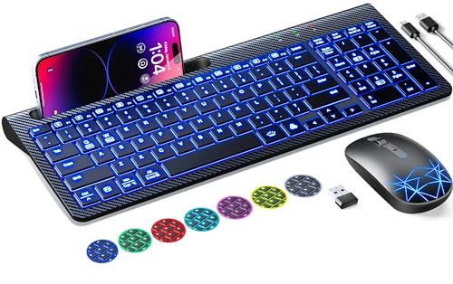 Wireless Keyboard and Mouse, Rechargeable, Adjustable 7 Color Backlight, Ergonomic, Quiet, with Phone Holder, 2.4G Stable Connection Slim Mac Keyboard and Mouse