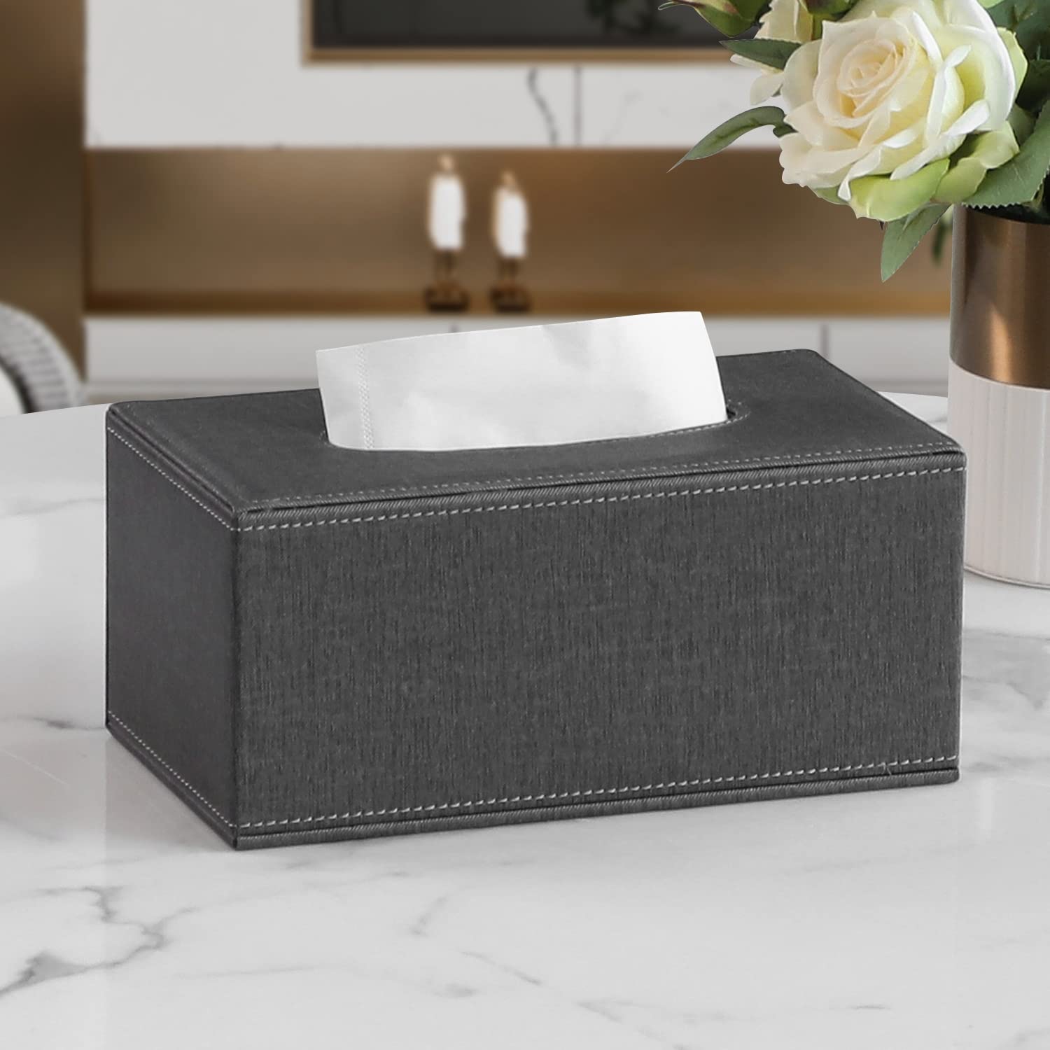 MEIBOOCH PU Leather Tissue Box Cover Rectangular Square Tissue Box Holder with Magnetic Bottom (10" x 5.5" x 4.5", Dark Grey)
