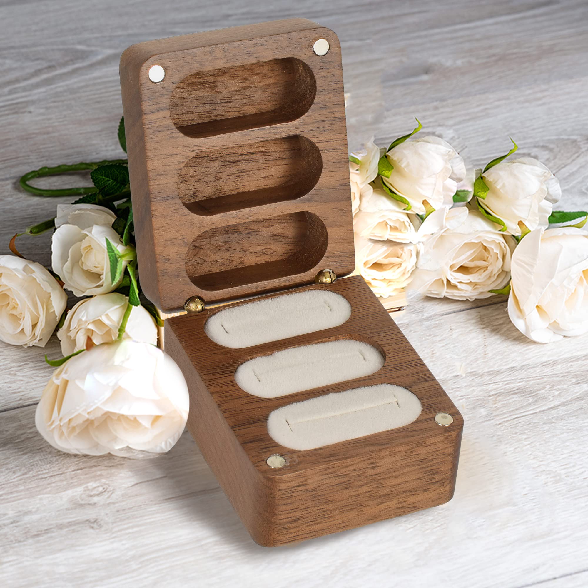 Personalized Solid Wood Ring Box for Wedding Ceremony, Rectangular Box for Ring Storage 3 Slots, Custom Engagement Ceremony Ring Box, Walnut Wooden Heirloom Ring Box Holder
