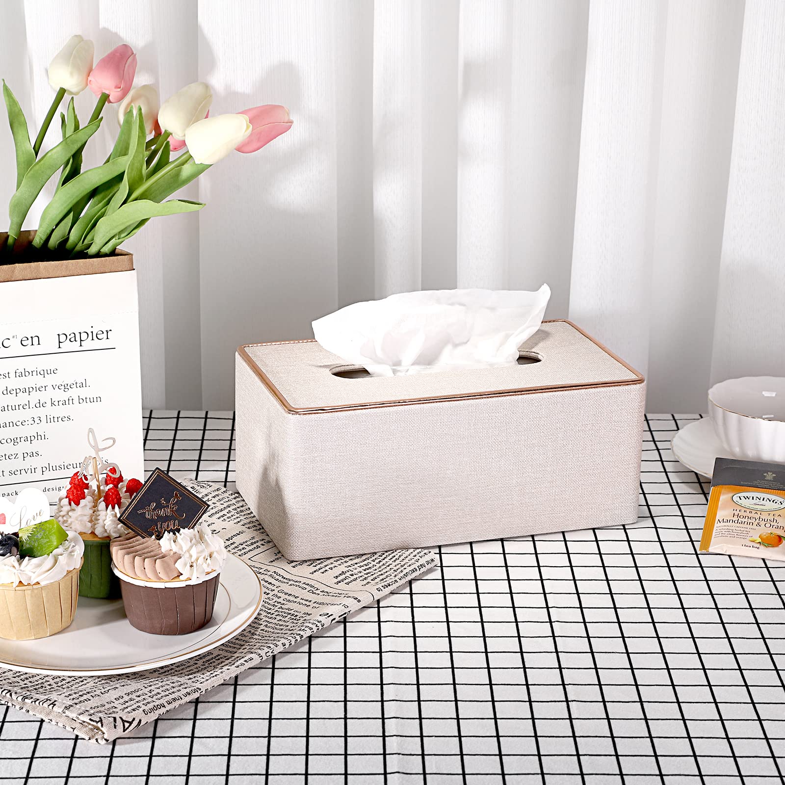 Sumnacon Rectangular Linen Tissue Box Cover - Stylish Tissue Box Holder with Magnetic Bottom, Decorative Tissue Box for Bathroom Toilet Vanity Night Stand Table Countertop Office, Beige Linen Texture