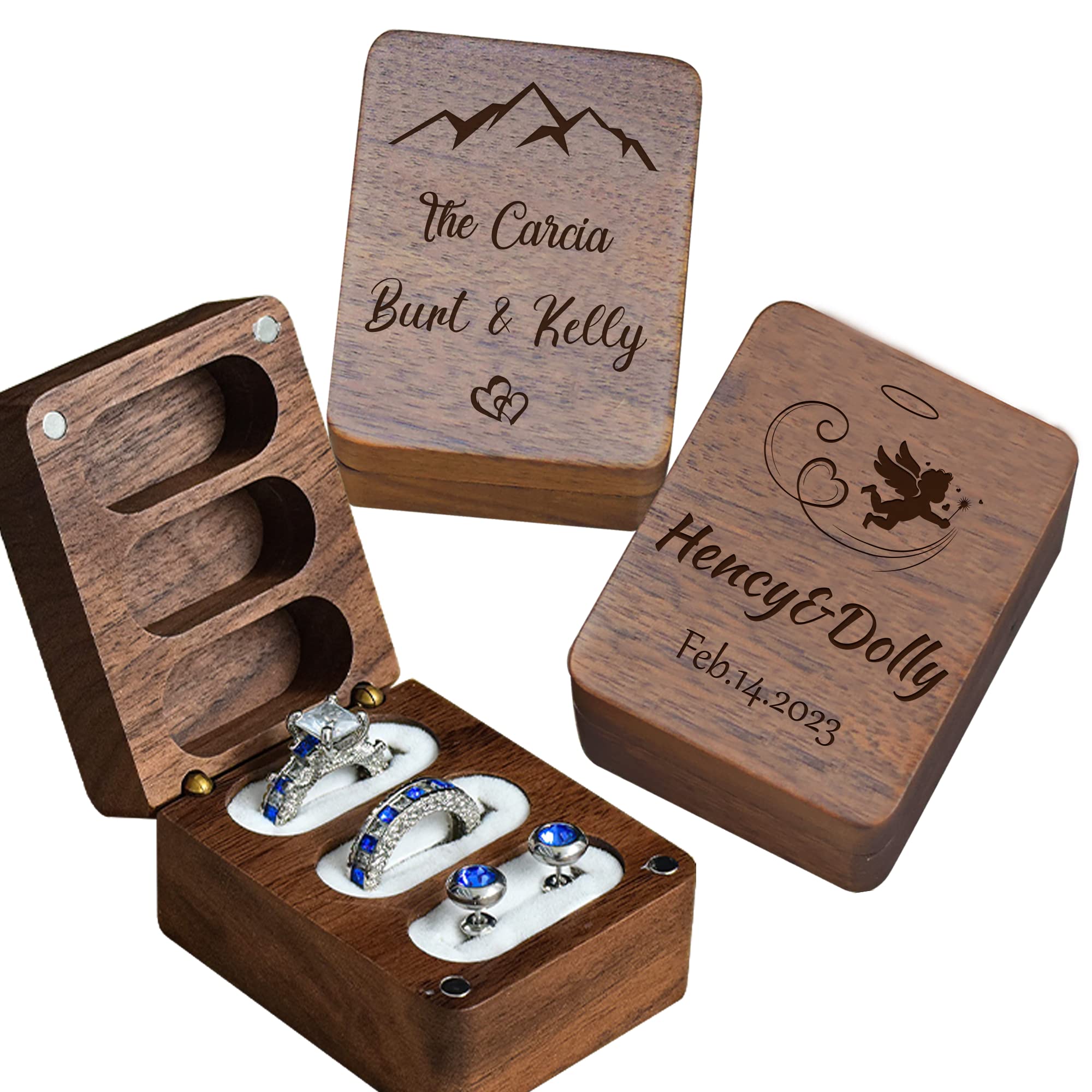 Personalized Solid Wood Ring Box for Wedding Ceremony, Rectangular Box for Ring Storage 3 Slots, Custom Engagement Ceremony Ring Box, Walnut Wooden Heirloom Ring Box Holder